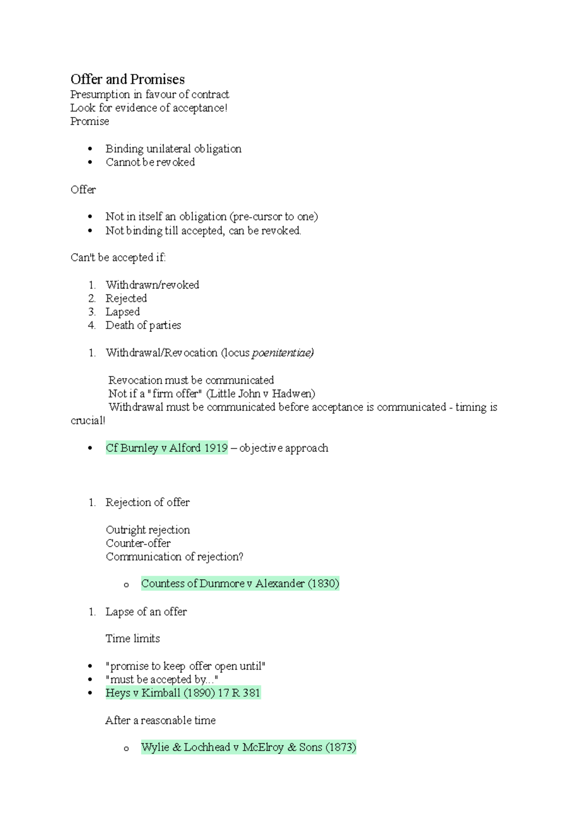 Acceptances - Notes - Offer and Promises Presumption in favour of ...