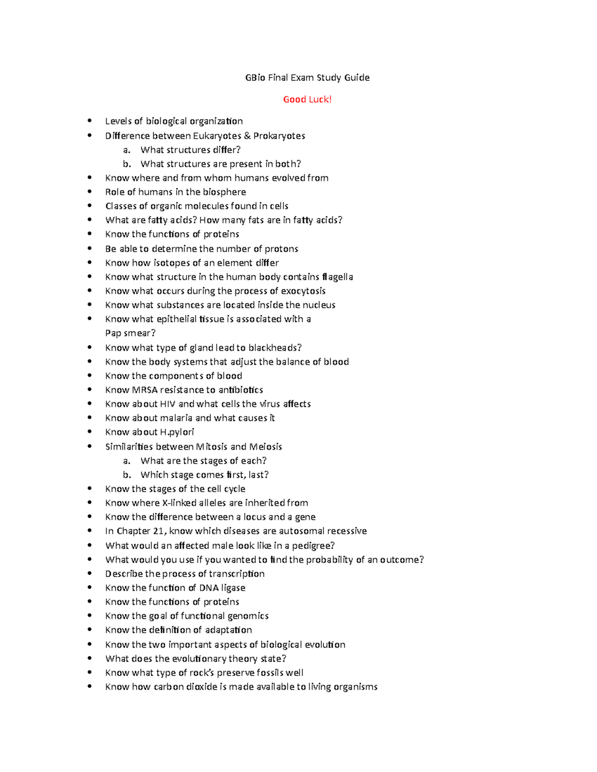 GBio July Final Exam Study Guide - GBio Final Exam Study Guide Good ...