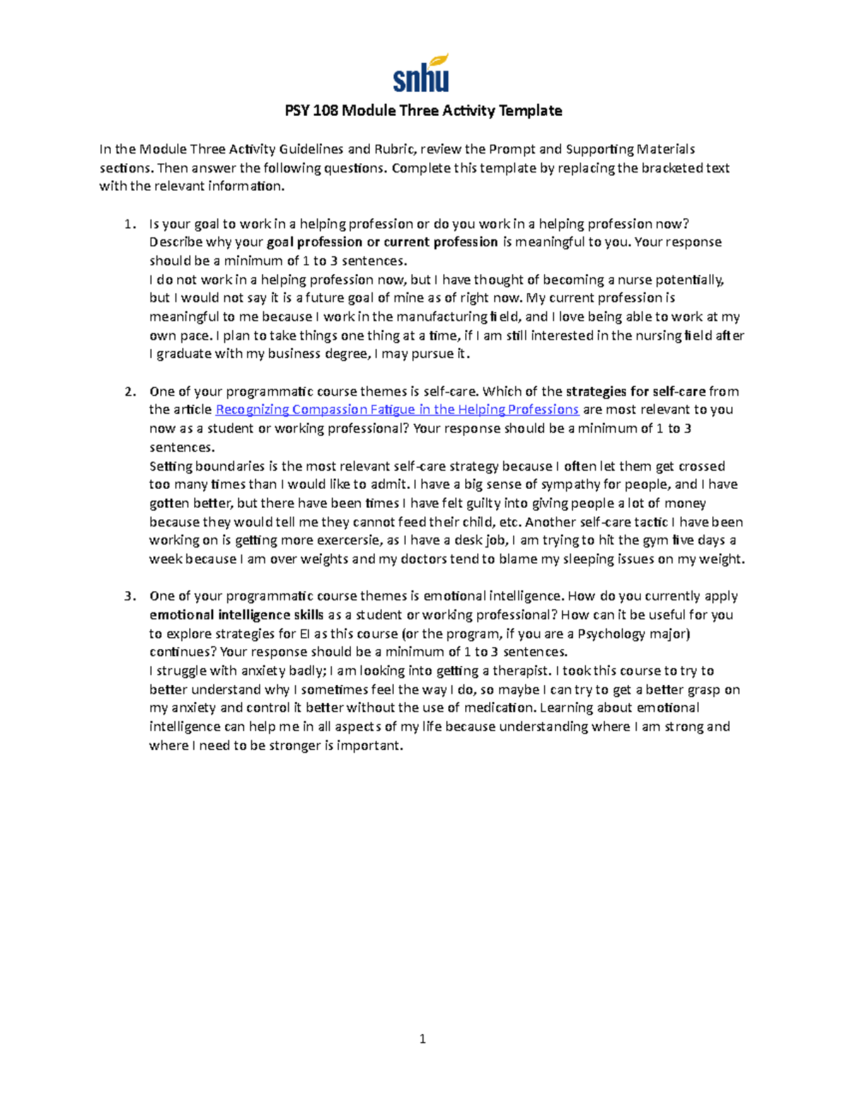 PSY 108 Module Three Activity Template - Then answer the following questions. Complete this ...