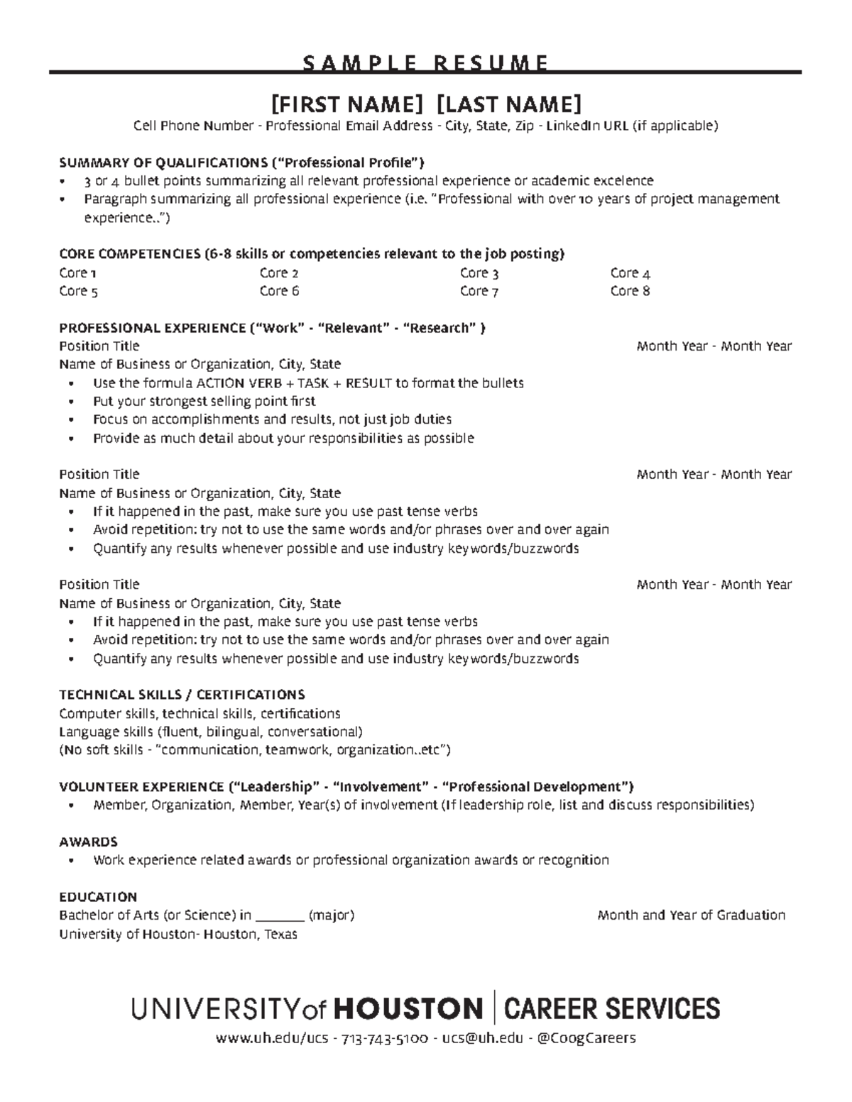 Resume template - SAMPLE RESUME [FIRST NAME] [LAST NAME] Cell Phone ...
