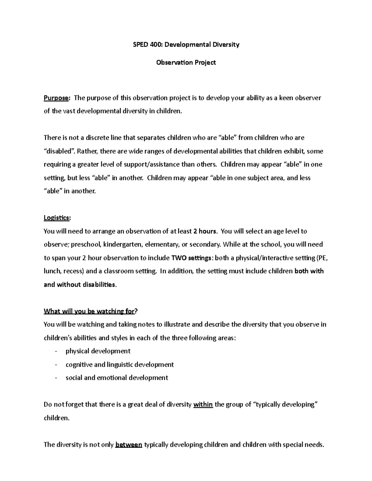 SPED 400 OBS project - SPED 400 - SPED 400: Developmental Diversity ...