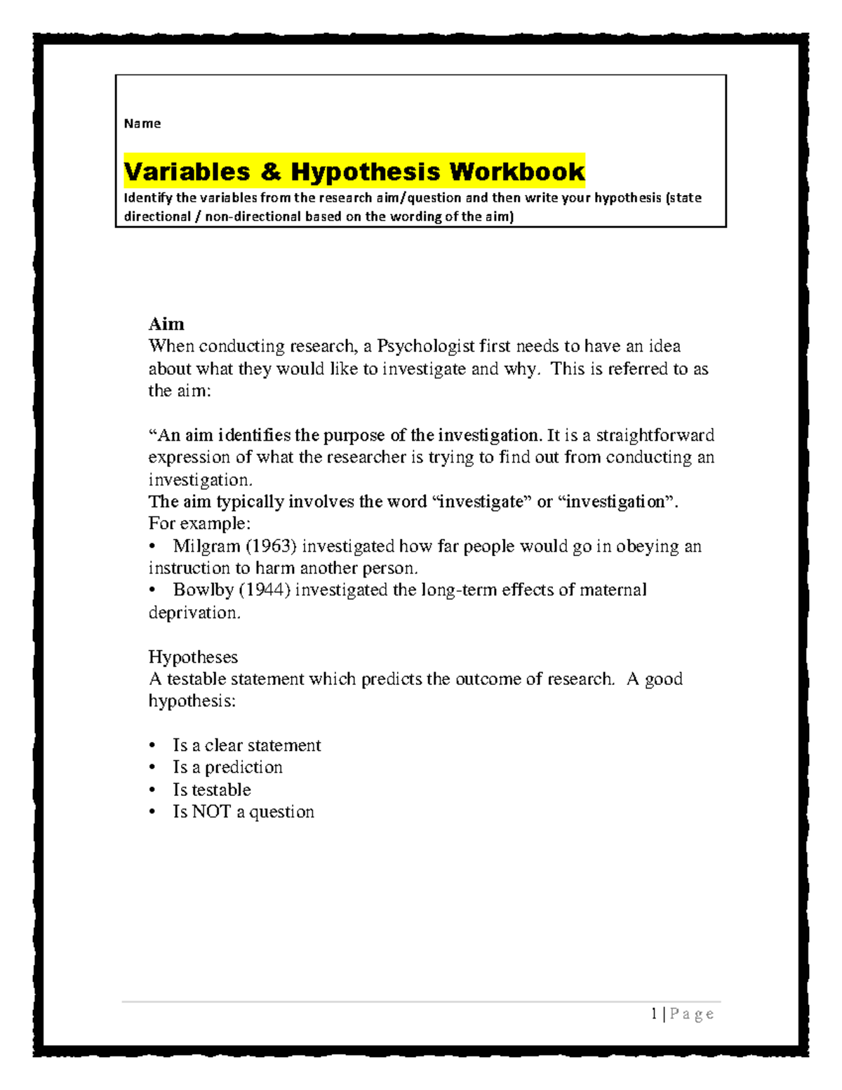 IV DV Hypos Workbook - Exercises - Name Variables & Hypothesis Workbook ...