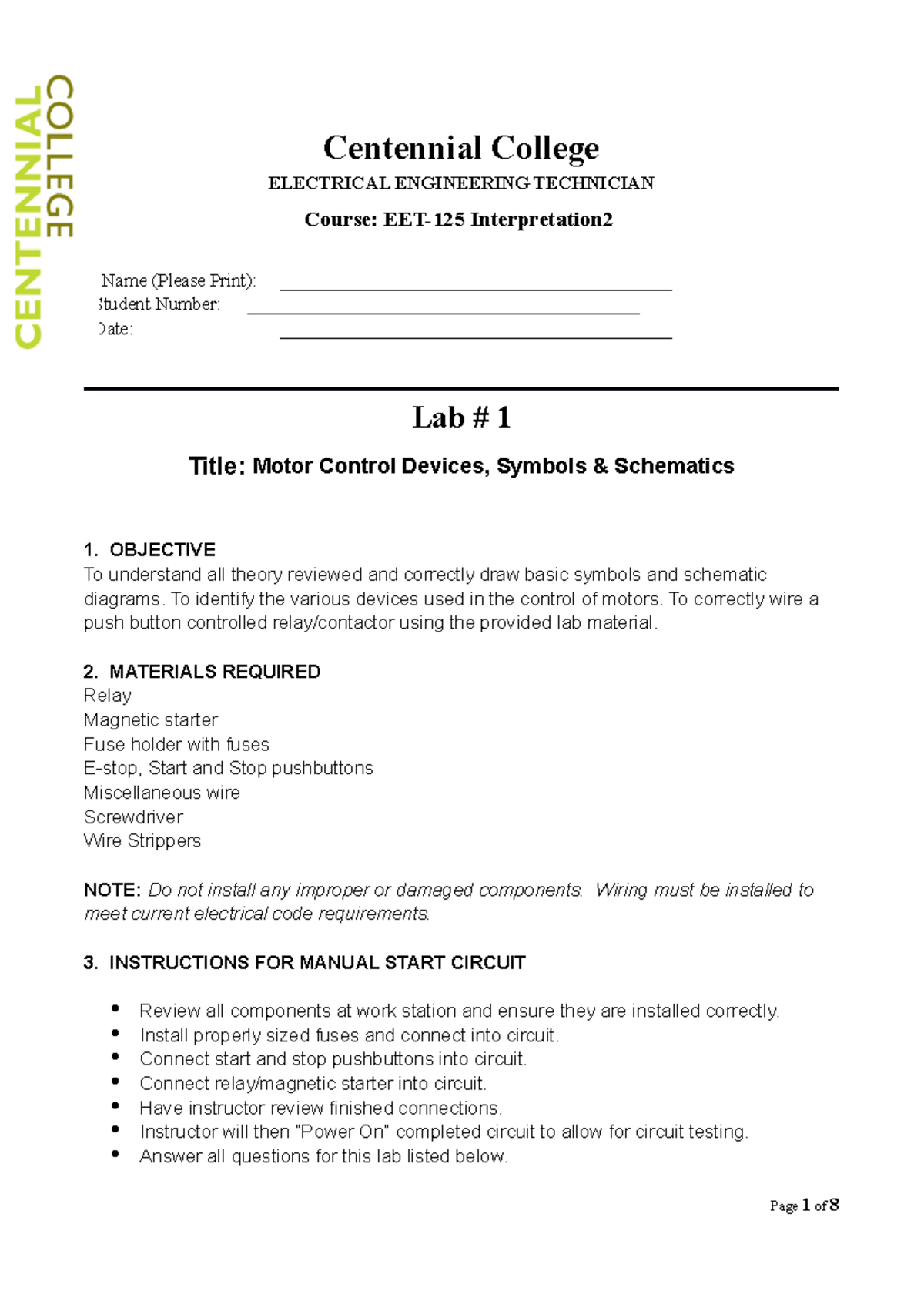 Lab 1 Symbols and Schematics - Centennial College ELECTRICAL ENGINEERING TECHNICIAN Course: EET ...