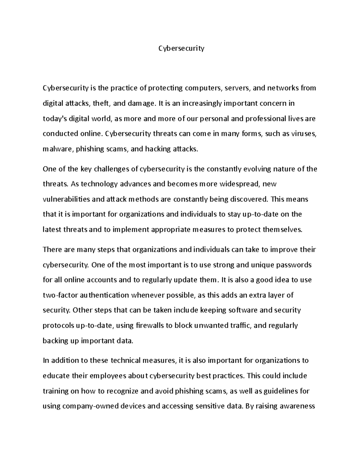 An essay about Cybersecurity - Cybersecurity Cybersecurity is the ...