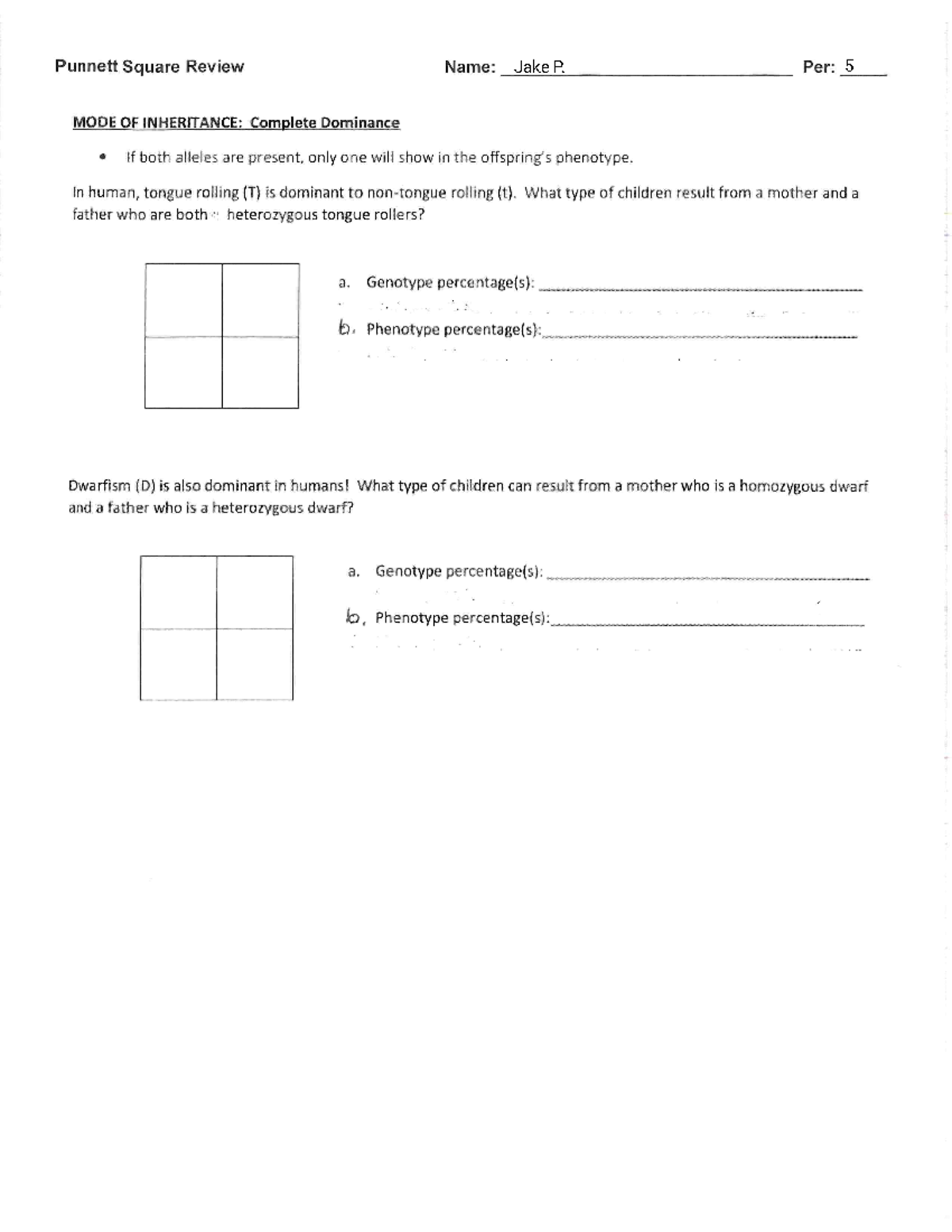 Student Jacob Peddle - 6-MORE Punnett square practice 22-23 - Punnett ...