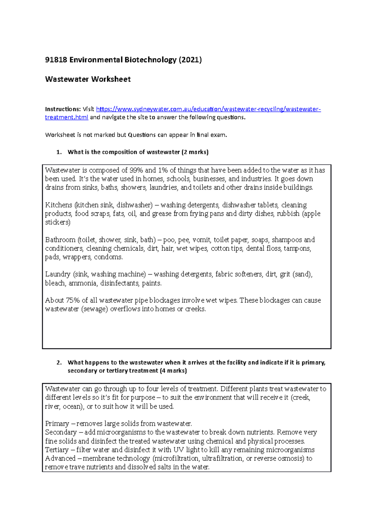 Wastewater Worksheet 2021-1 environmental biotechnology. composition of ...