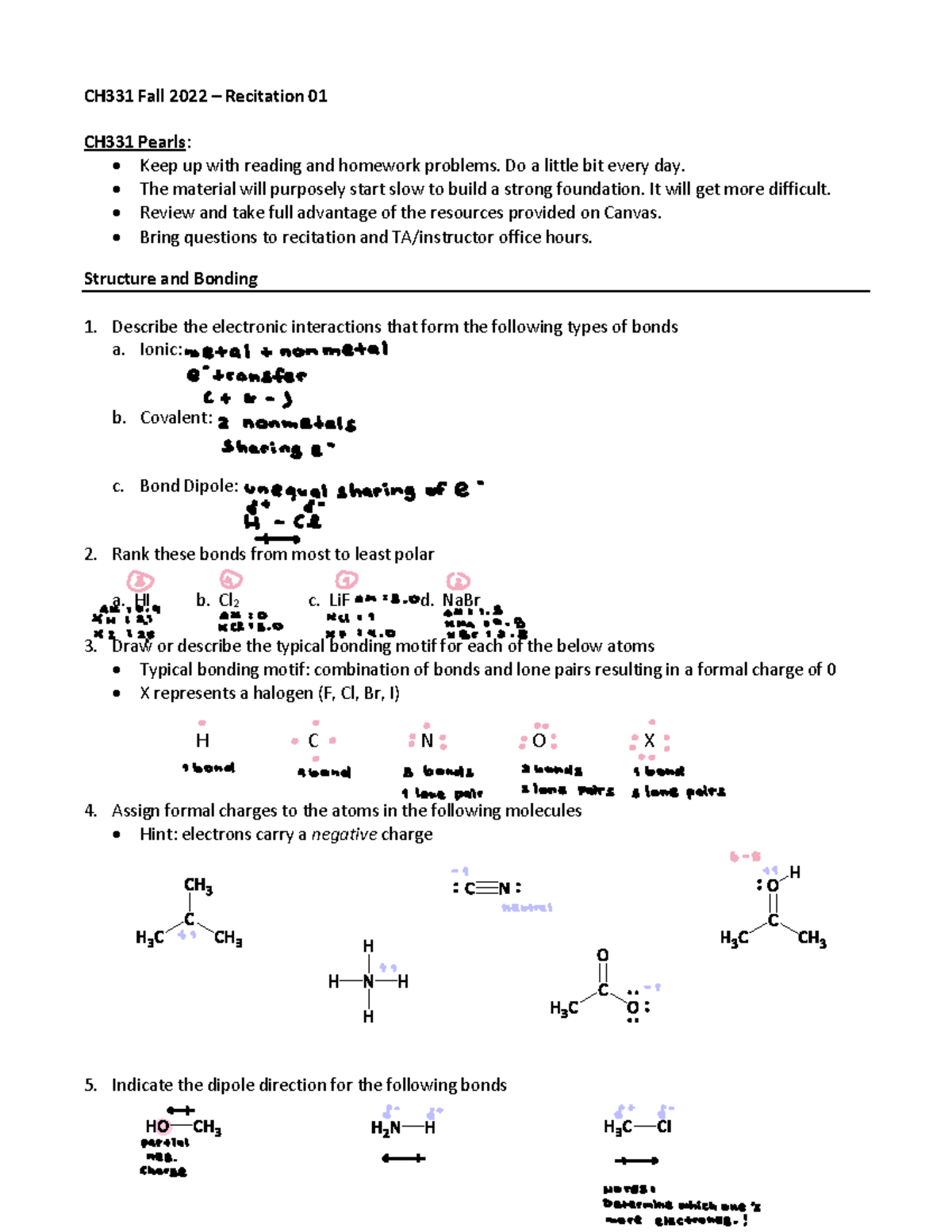 CH331 F22 Recitation 01 - CH331 Fall 2022 – Recitation 01 CH331 Pearls ...