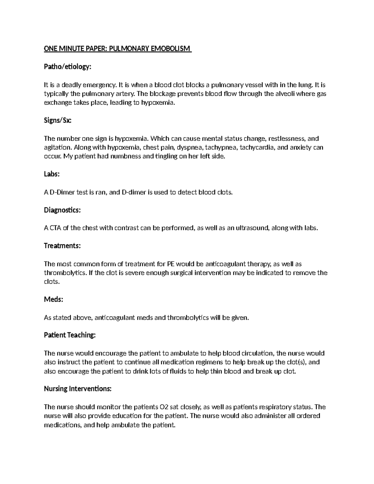 ONE Minute Paper - ONE MINUTE PAPER: PULMONARY EMOBOLISM Patho/etiology ...