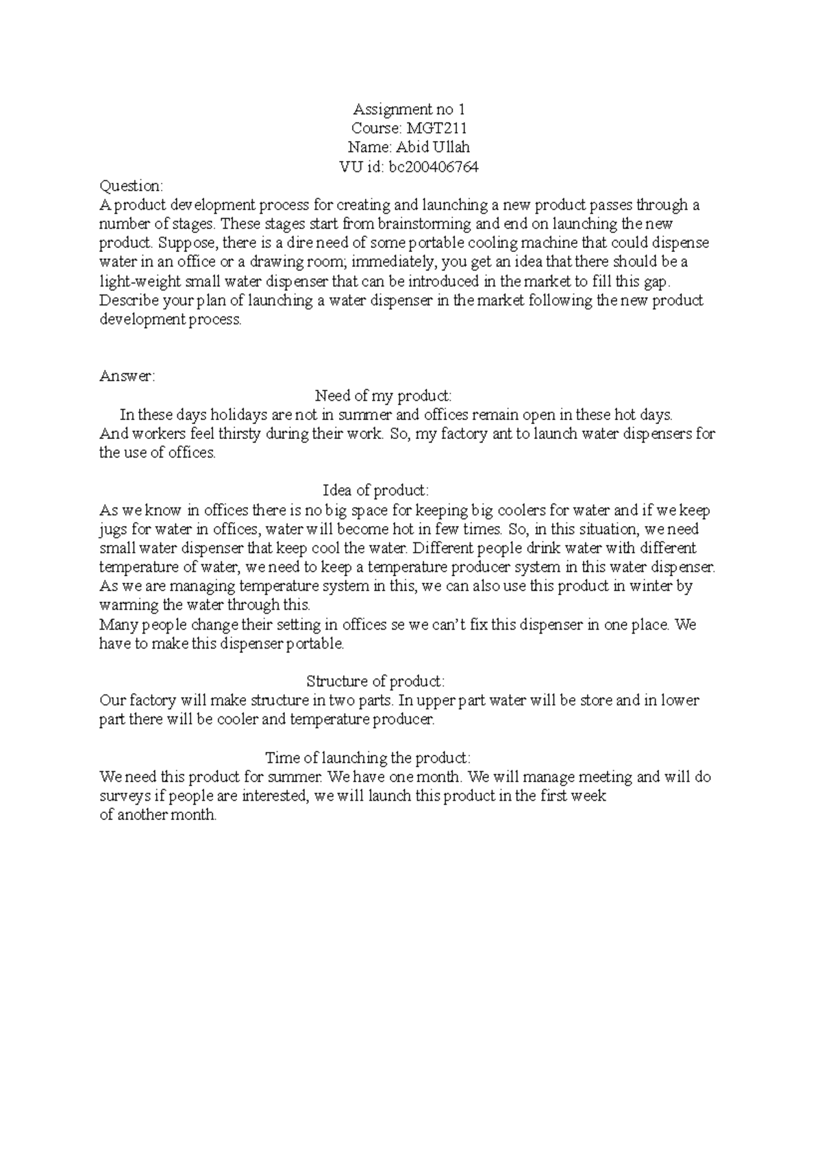 Assignment No 1 Mgt211 Assignment No 1 Course Mgt Name Abid Ullah