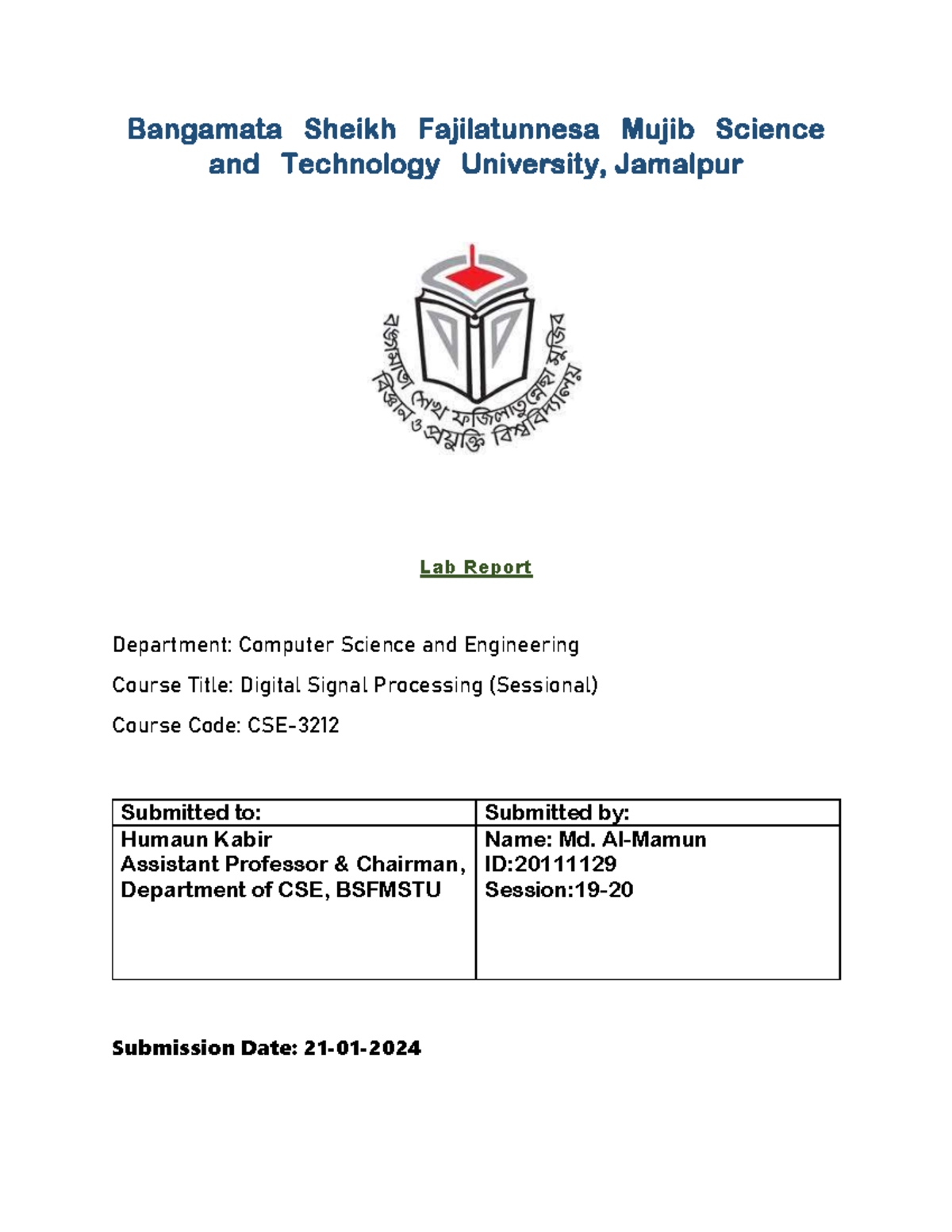 Dsp Lab Report Bangamata Sheikh Fajilatunnesa Mujib Science And Technology University 