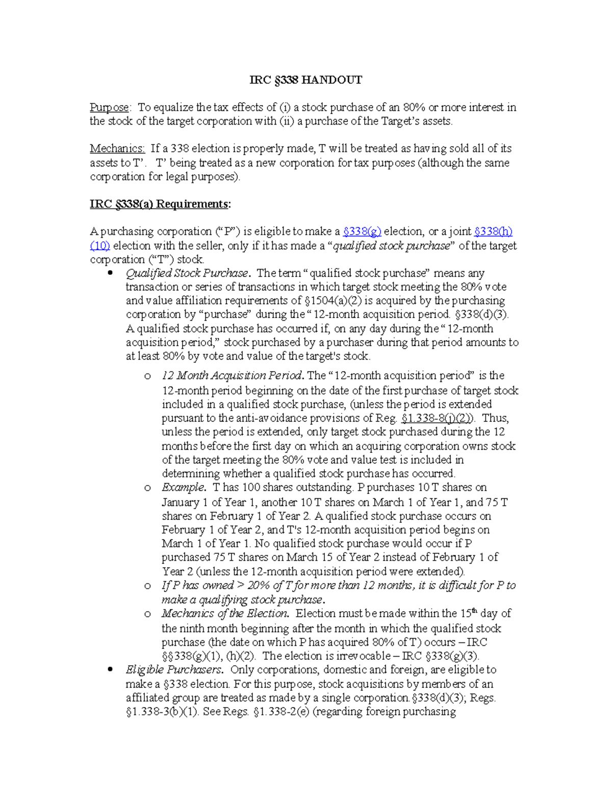 Chapter 8 handout 2 - IRC §338 HANDOUT Purpose: To equalize the tax ...