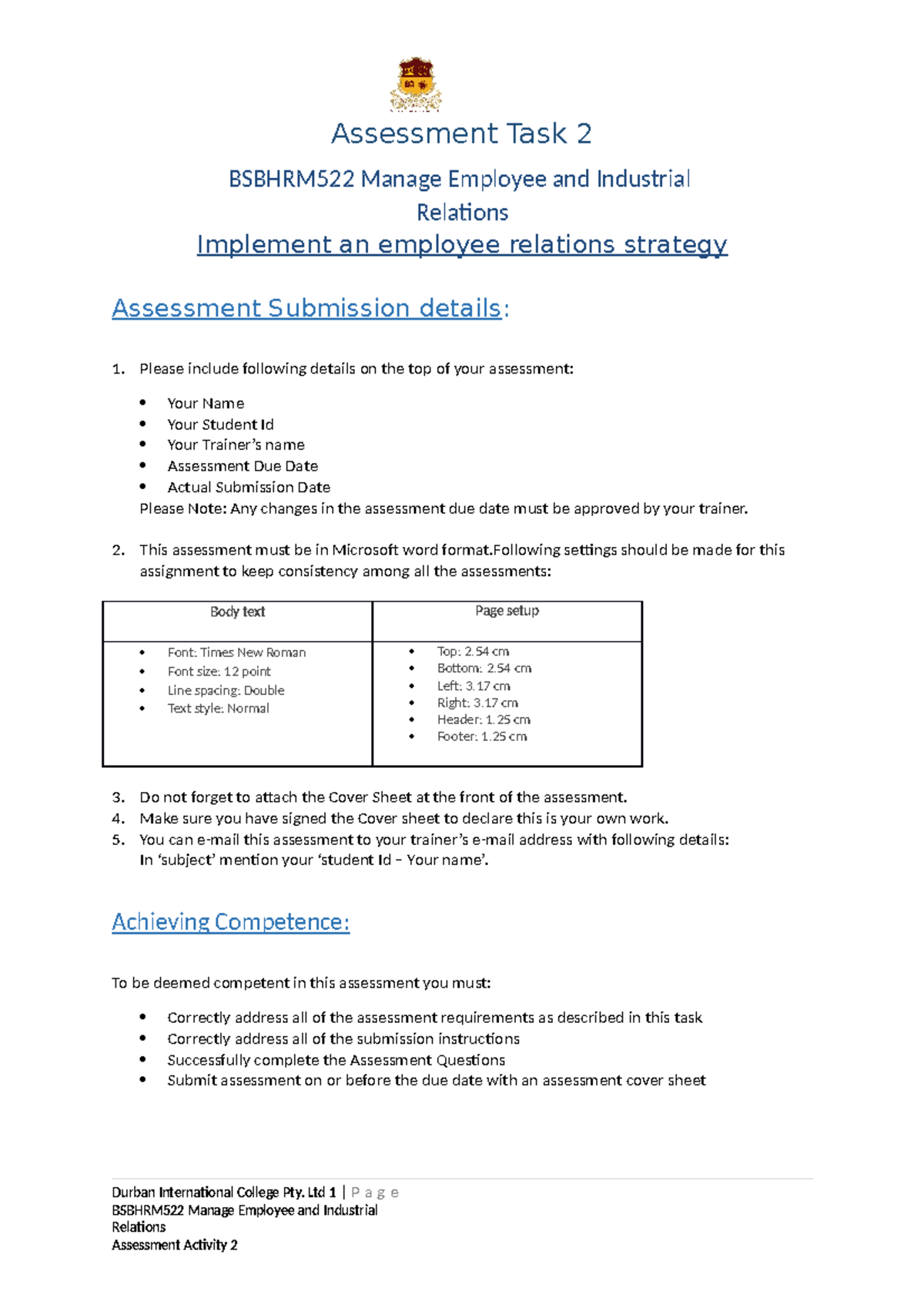AT2 Bsbhrm 522 - LEADERSHIP AND MANAGMENT - Assessment Task 2 BSBHRM522 Manage Employee and ...