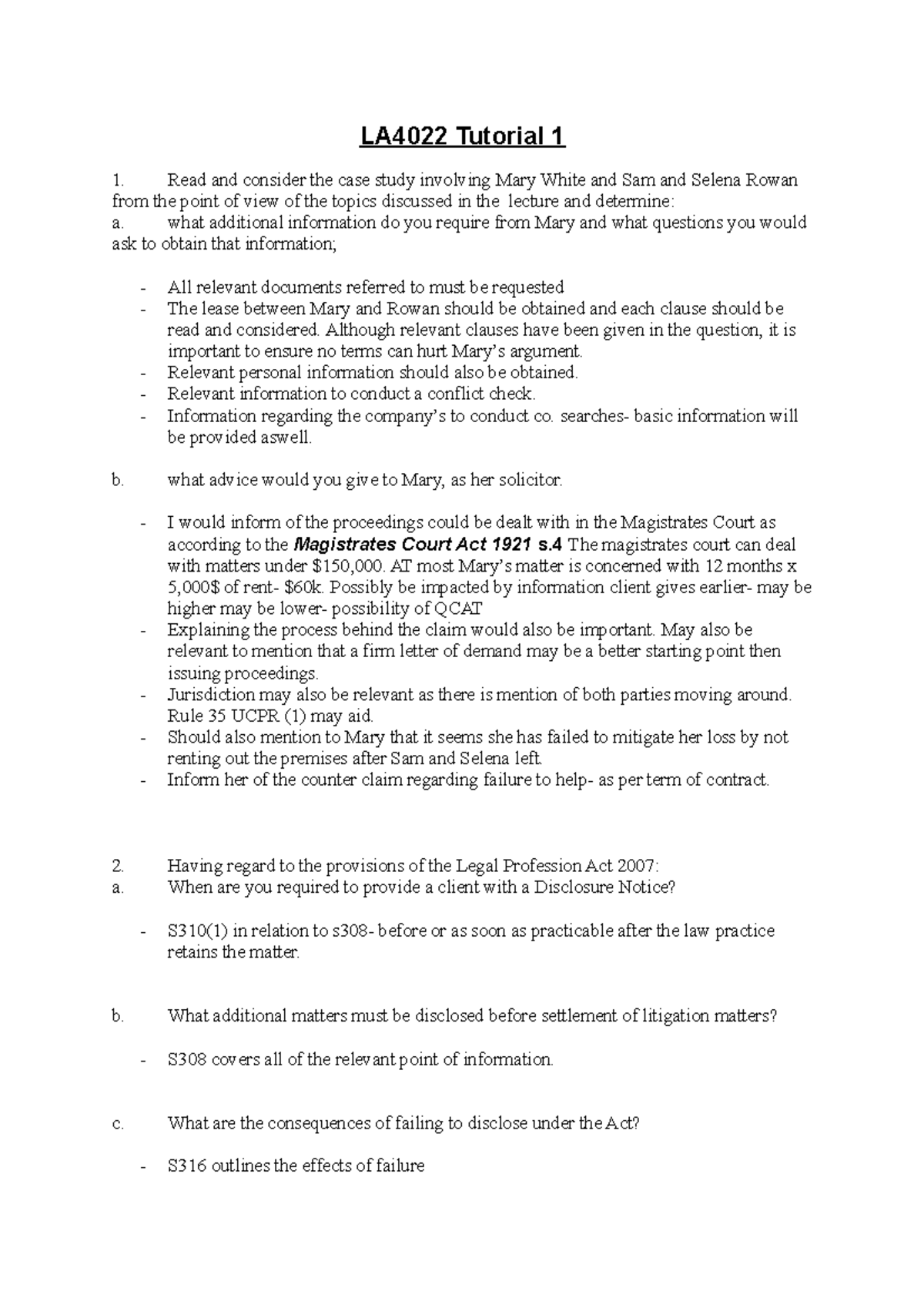 Tutorial 1 civil procedure - LA4022 Tutorial 1 Read and consider the case study involving Mary ...
