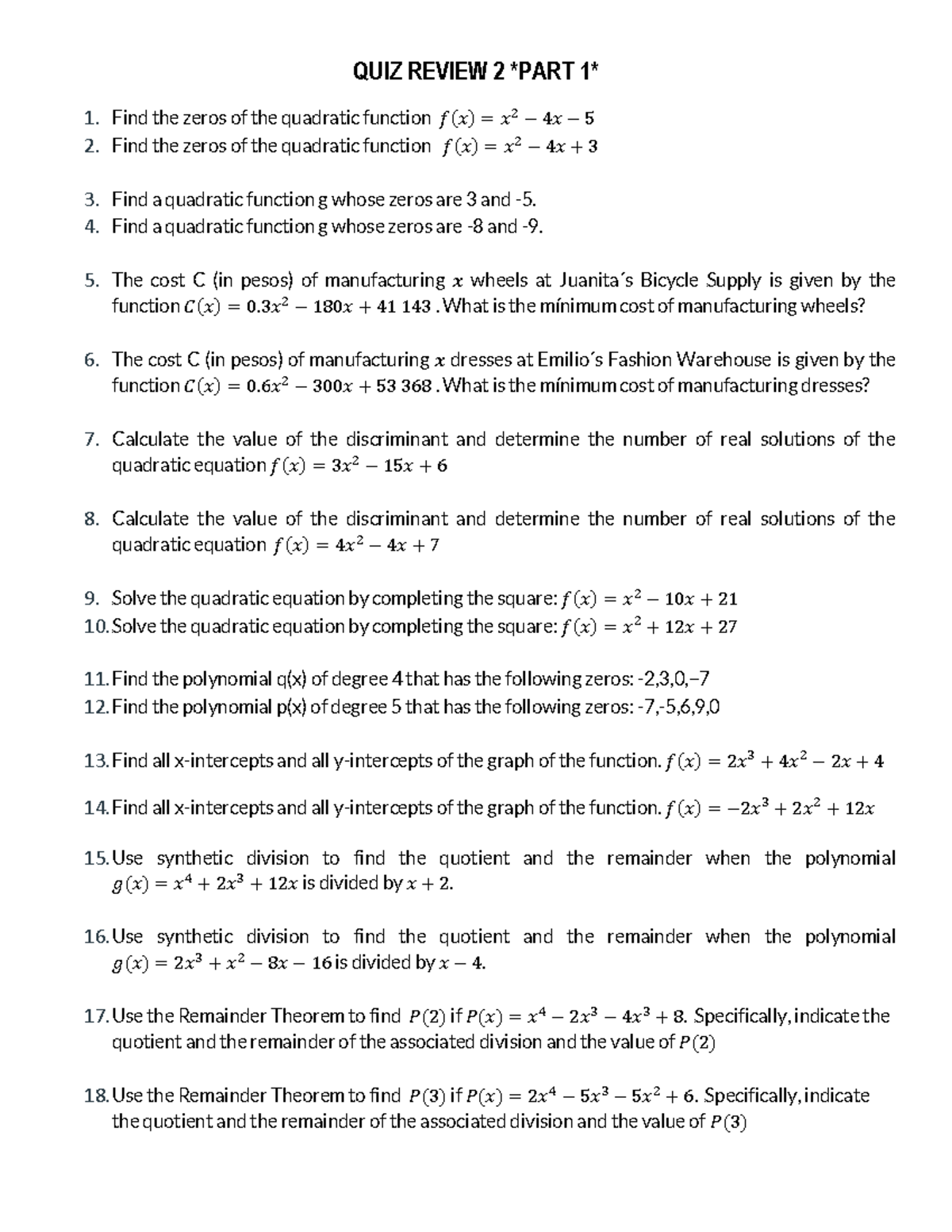 MATE 4 GUIA Examen Segundo Parcial - QUIZ REVIEW 2 PART 1 1. Find the ...