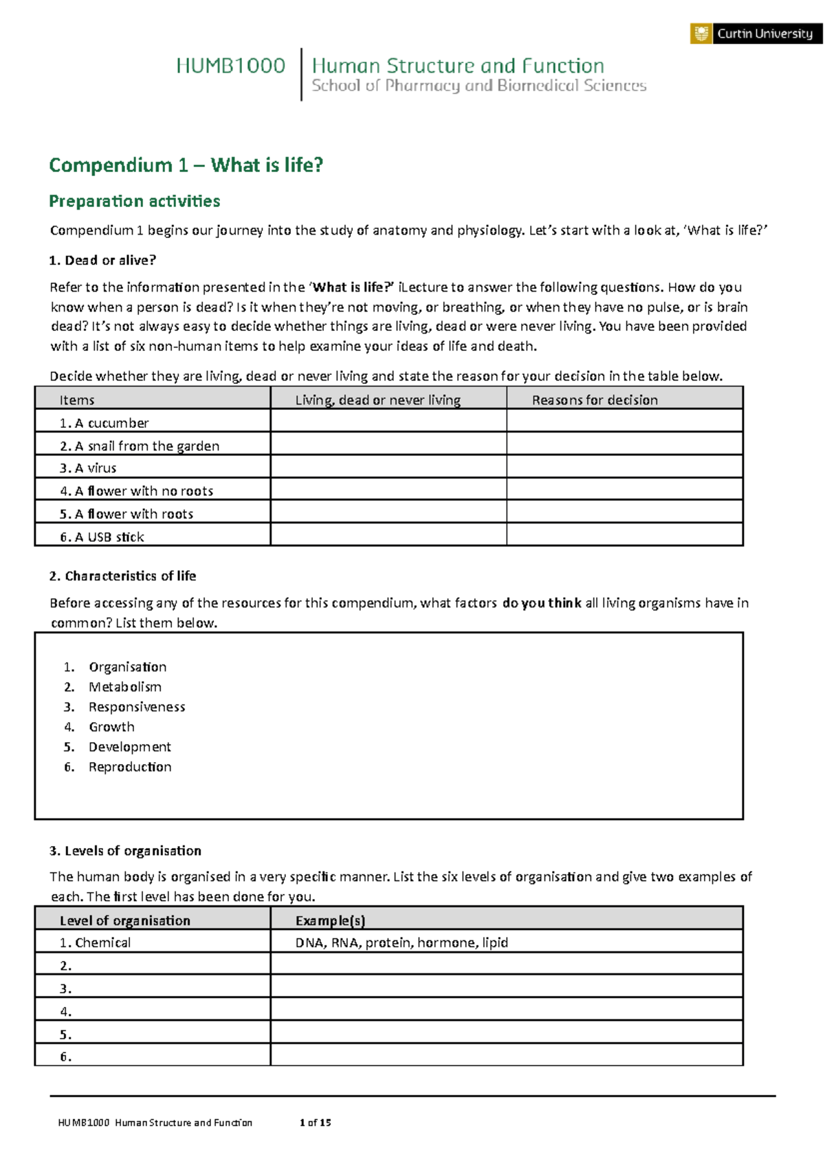 Compendium 1 what is life - Compendium 1 – What is life? Preparation ...