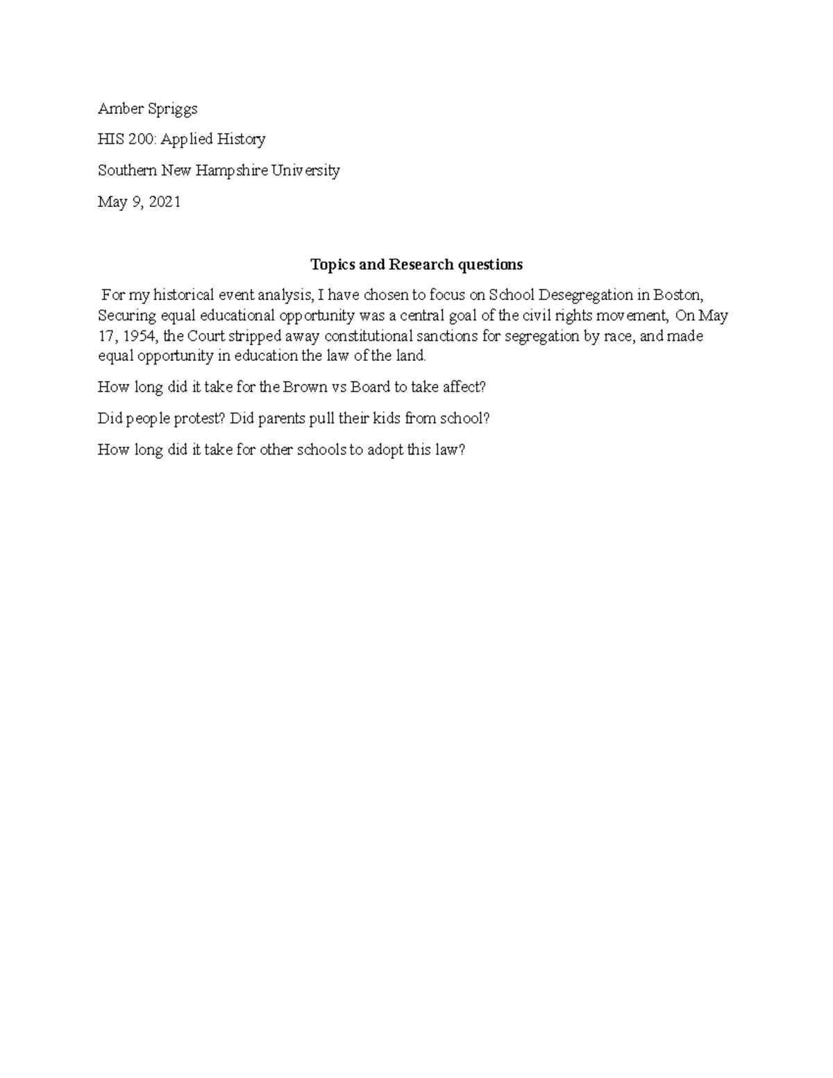 HIS200 WRITTING PLAN MODULE 1 SOUTHERN NEW HAMPSHIRE - Amber Spriggs ...