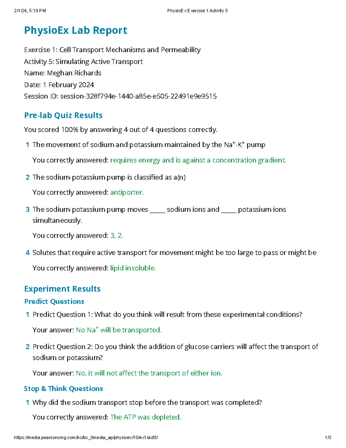 Activity 5 Active Transport - 2/1/24, 5:19 PM PhysioEx Exercise 1 ...