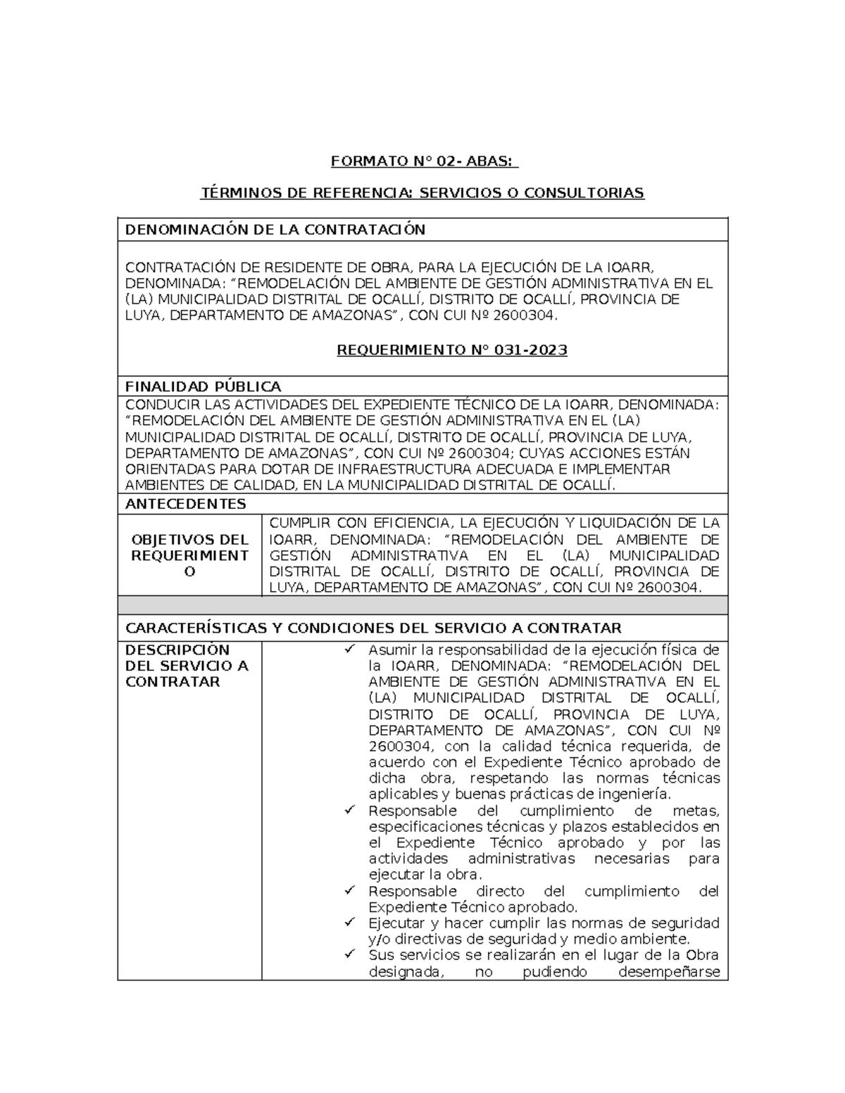 TDR Residente - FORMATO N° 02- ABAS: TÉRMINOS DE REFERENCIA: SERVICIOS ...