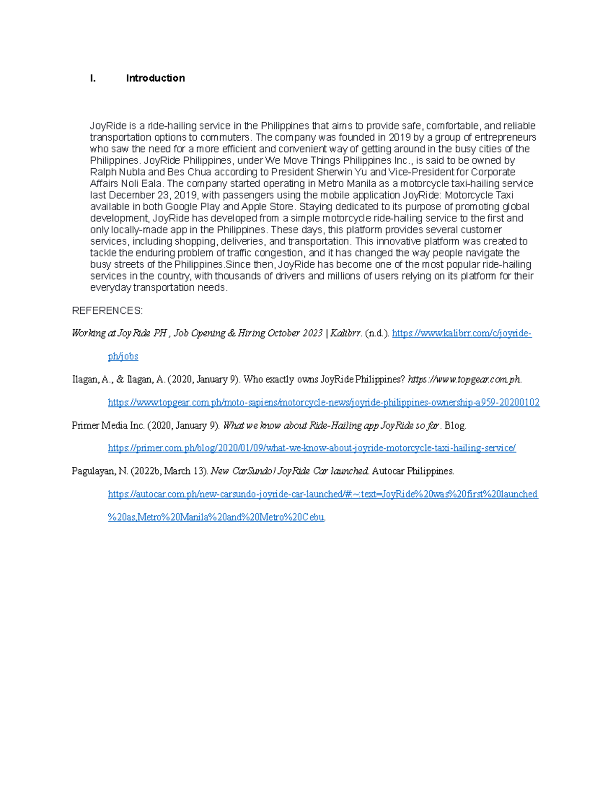 ECON- Analysis- Joyride - I. Introduction JoyRide is a ride-hailing ...