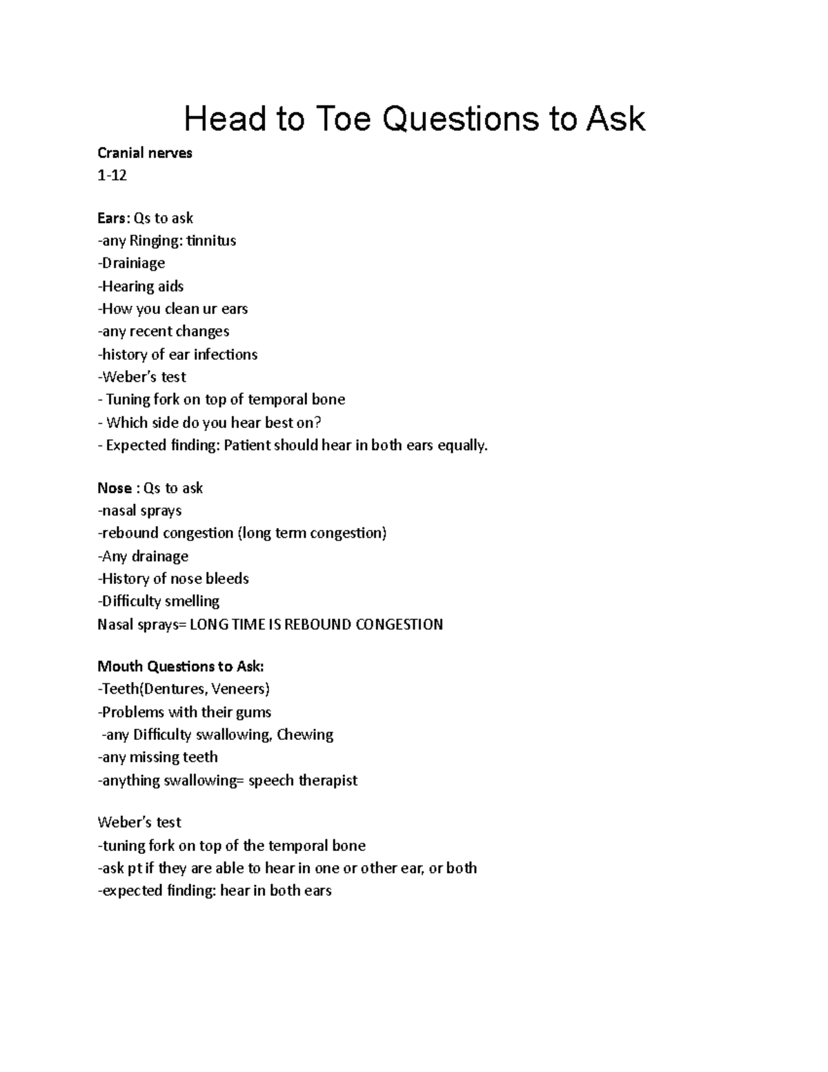 Head to Toe Questions to Ask - Head to Toe Questions to Ask Cranial ...