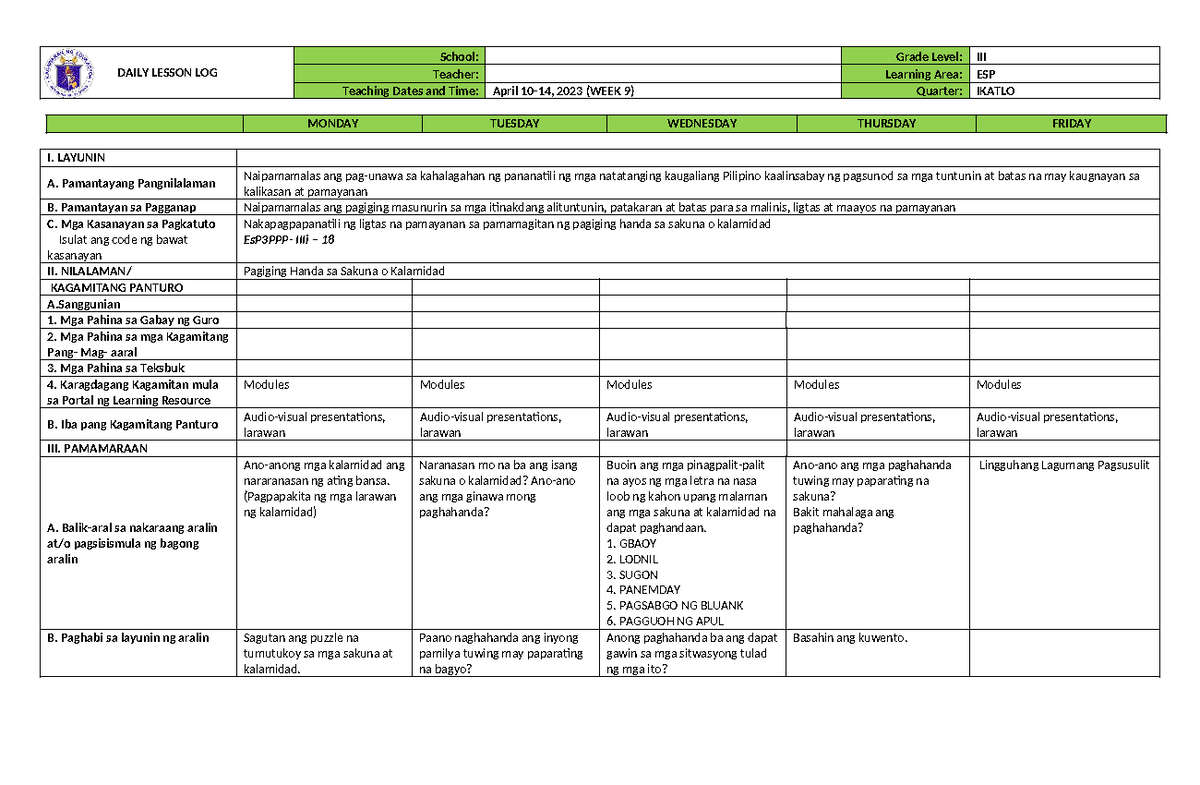 DLL ESP3 Q3 W9 - DAILY LESSON LOG School: Grade Level: III Teacher: Learning Area: ESP Teaching ...