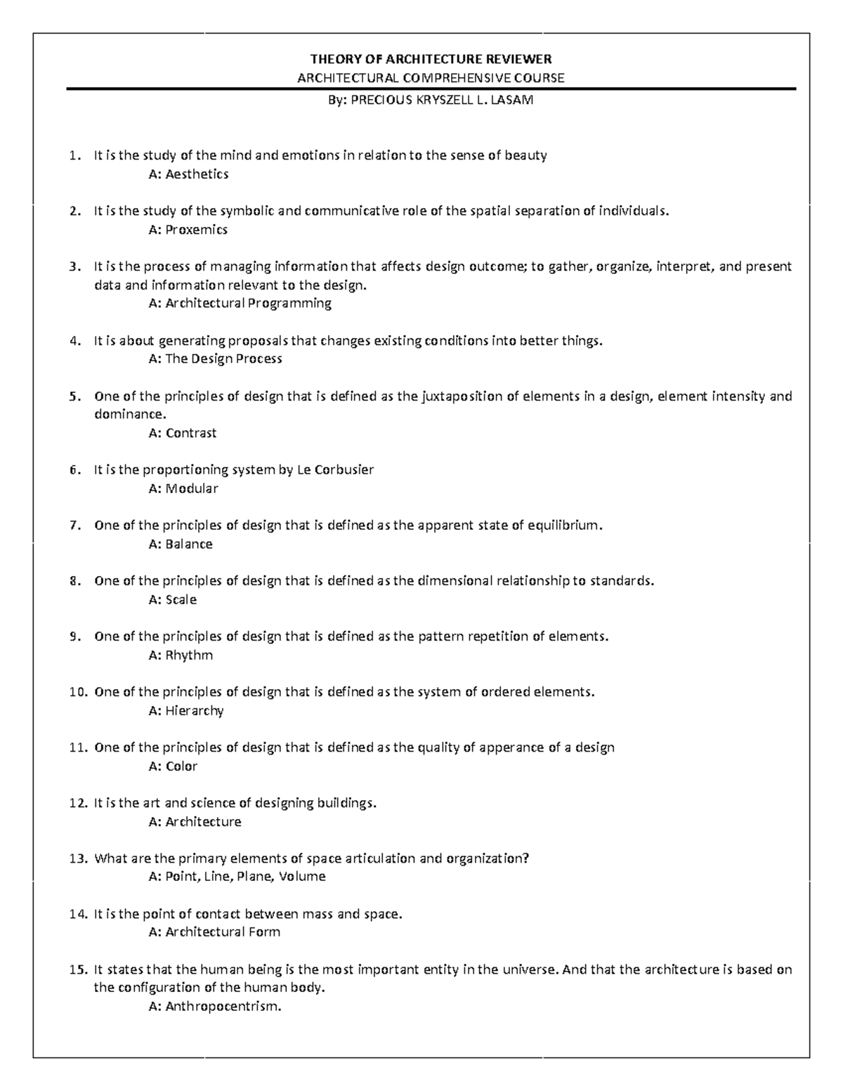 TOA Reviewer - THEORY OF ARCHITECTURE REVIEWER ARCHITECTURAL COMPREHENSIVE COURSE By: PRECIOUS ...