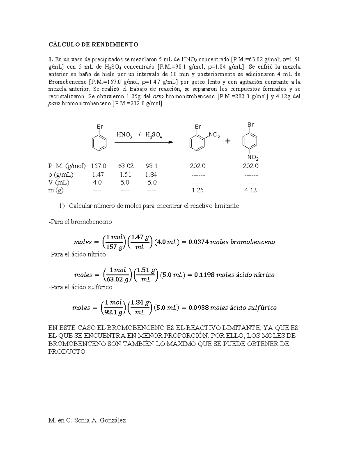 Calculo del rendimiento de una reacción - M. en C. Sonia A. González ...