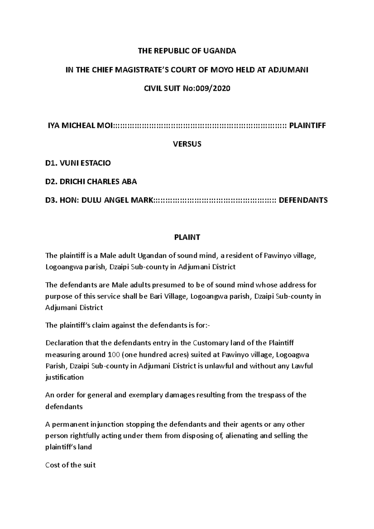 Plaint IYA - CIVIL PROCEDURE - THE REPUBLIC OF UGANDA IN THE CHIEF ...