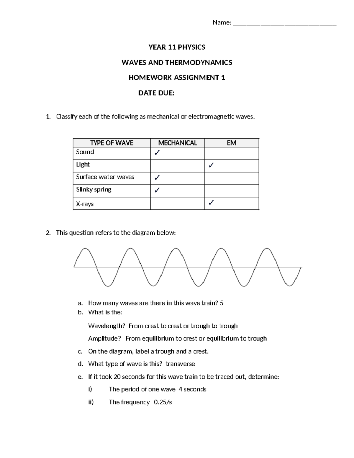 Homework Assignment 1 Year 11 Physics Waves And Thermodynamics