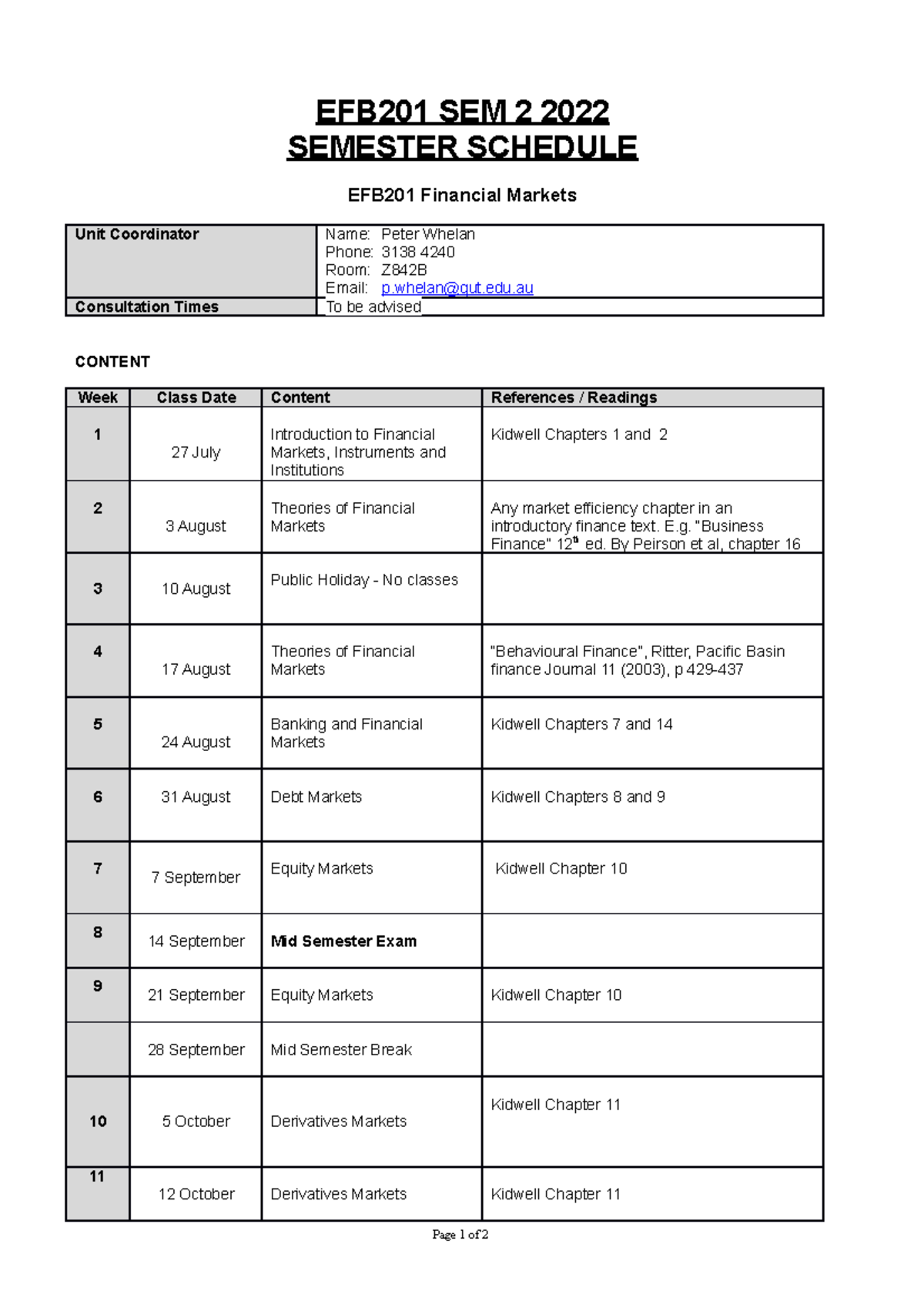 EFB201Weekly Schedule Sem 2in2022 - EFB201 SEM 2 2022 SEMESTER SCHEDULE ...