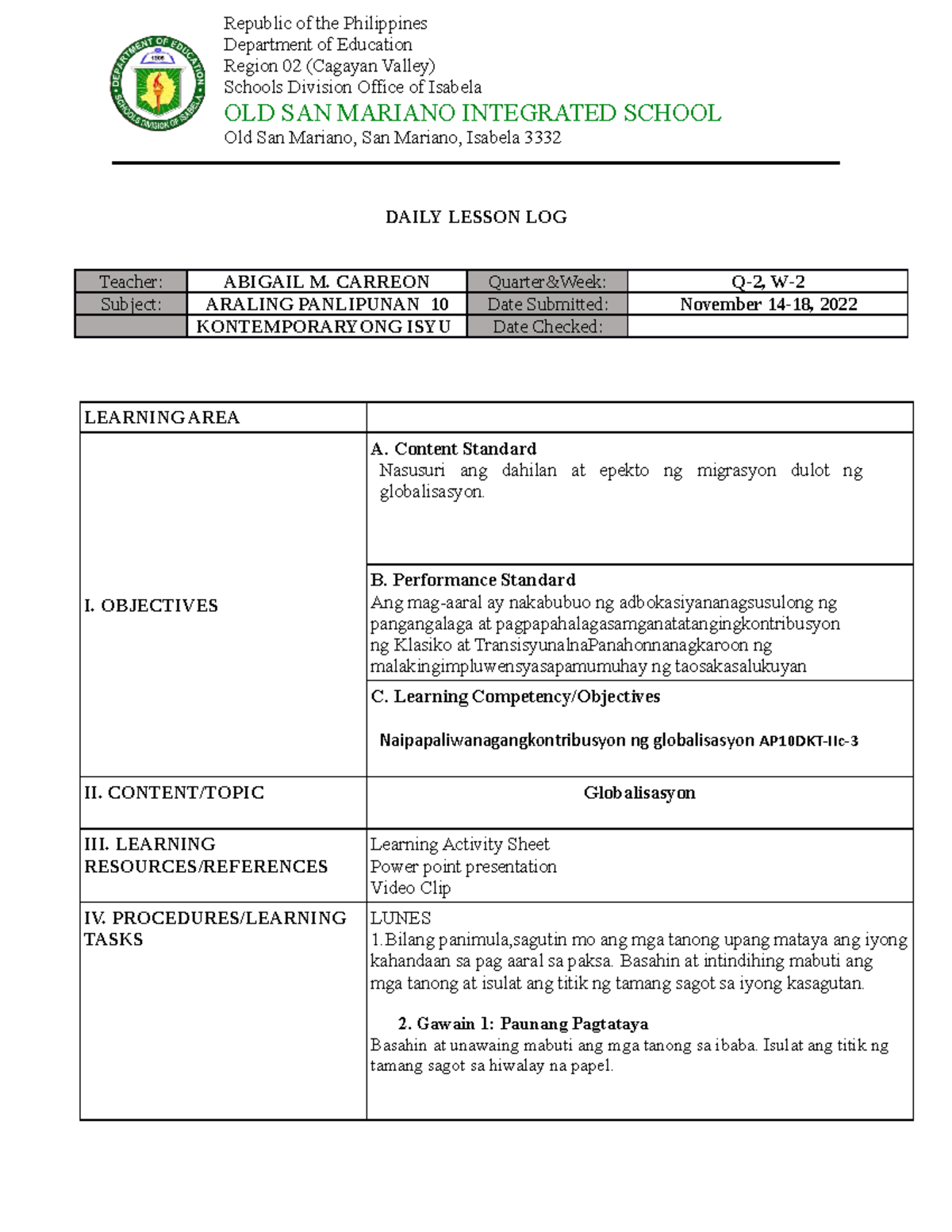 Ap 10 Week 2 Copy Dll For Teachers Republic Of The Philippines Department Of Education
