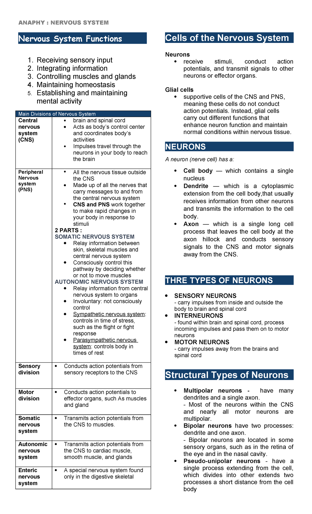 Chapter 8 Nervous System - Nervous System Functions 1. Receiving ...