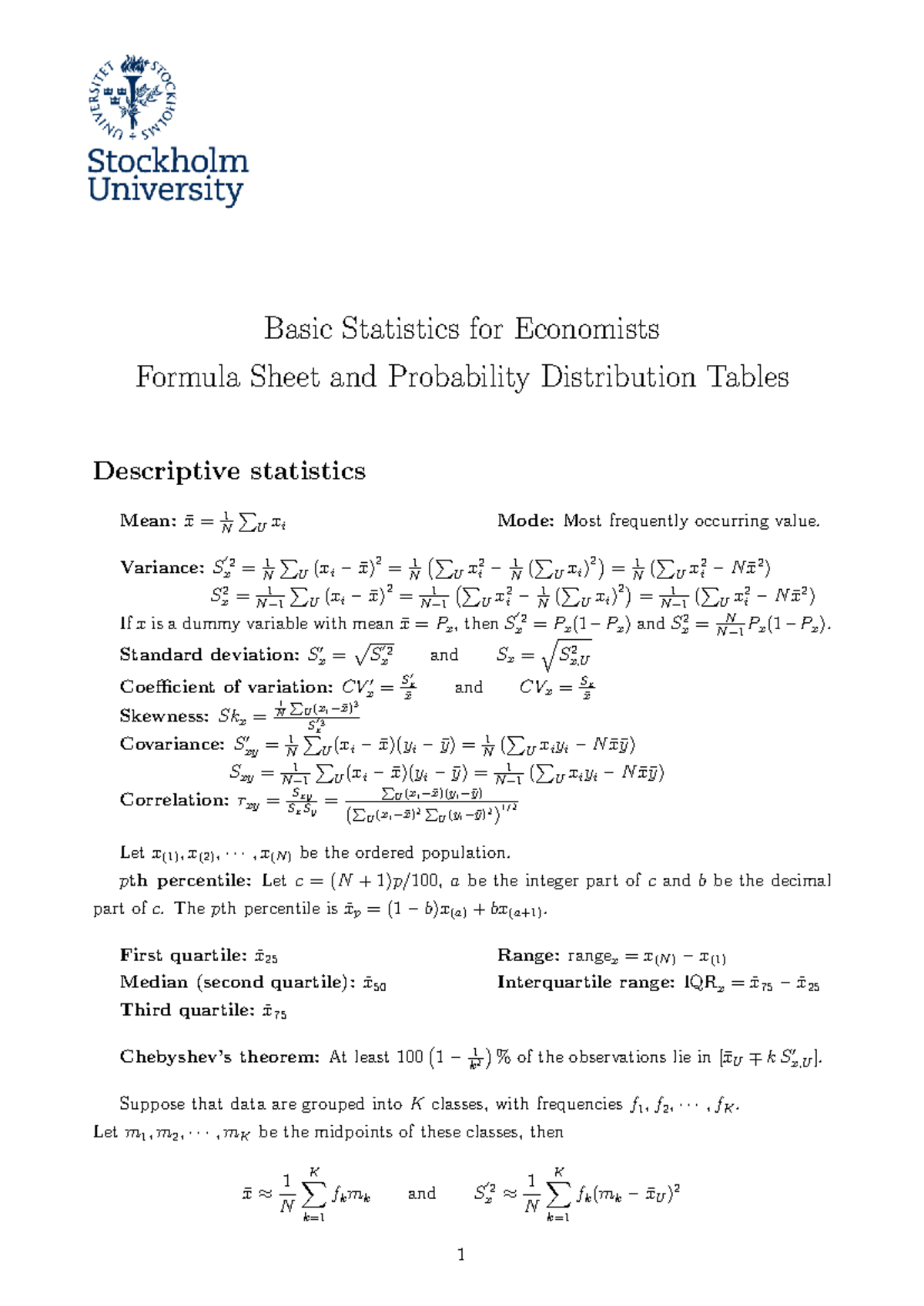Formula Sheet-2 - Basic Statistics for Economists Formula Sheet and ...