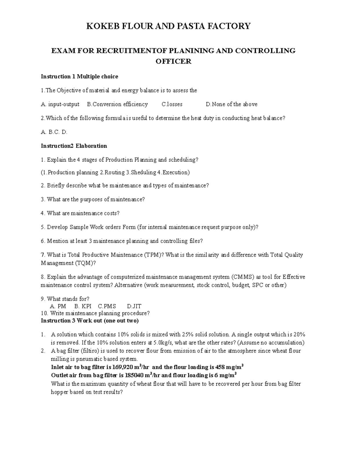 Exam P and C - Exam for production planning and control - KOKEB FLOUR ...