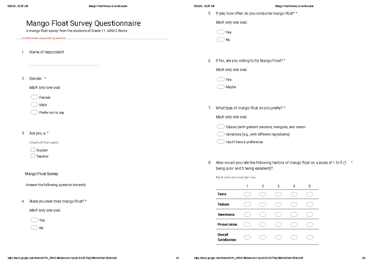 FOOD Survey Google Forms 2 - 1. 2. Mark only one oval. Female Male ...