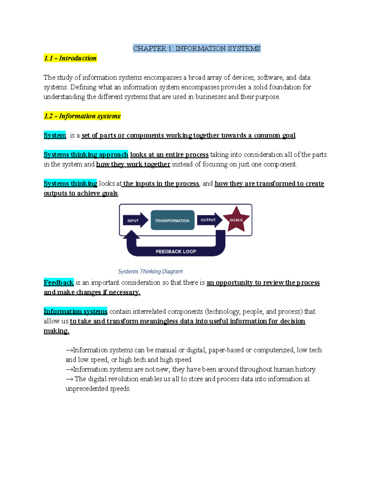 BUSI 3700 - Week 1 - Week 1 note summary - CHAPTER 1: INFORMATION SYSTEMS 1 - Introduction The ...