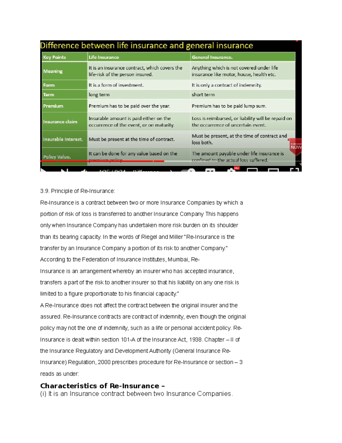 Notes - Principle of Re-Insurance: Re-Insurance is a contract between ...