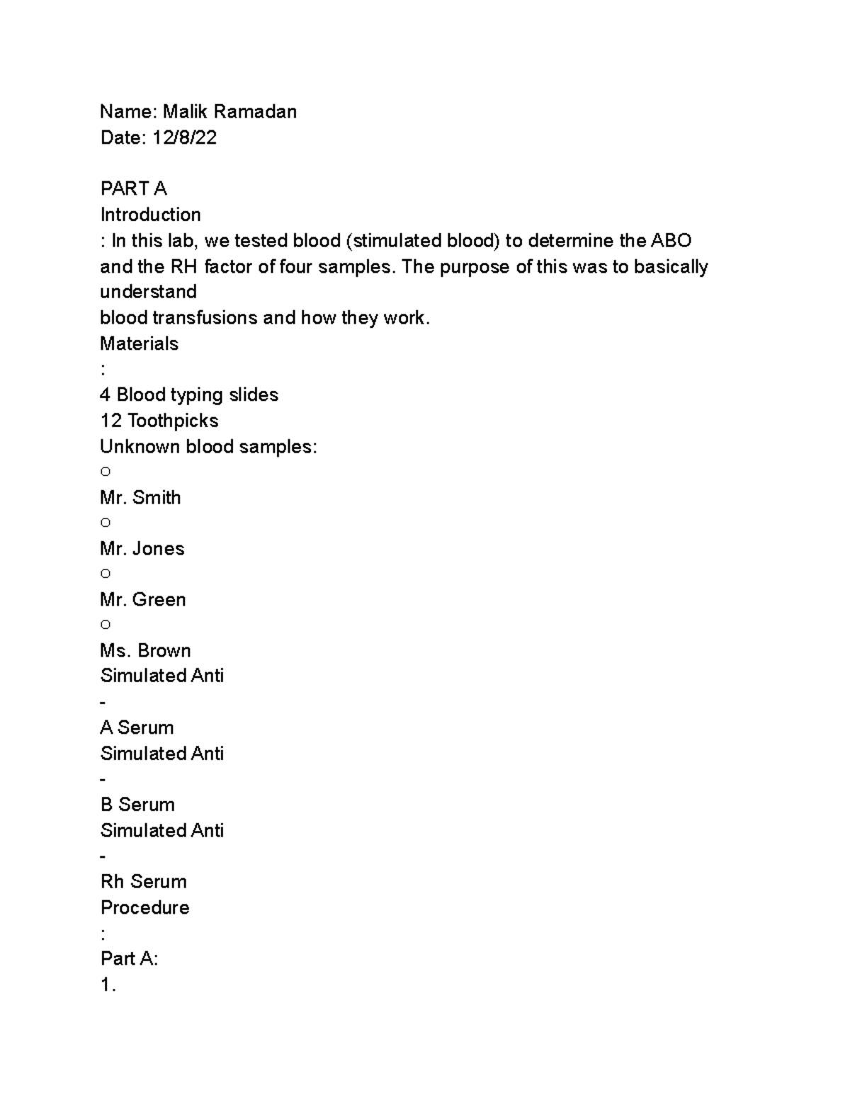 Lab Blood Typing Assignment Lab Report By Malik Ramadan - Name: Malik ...