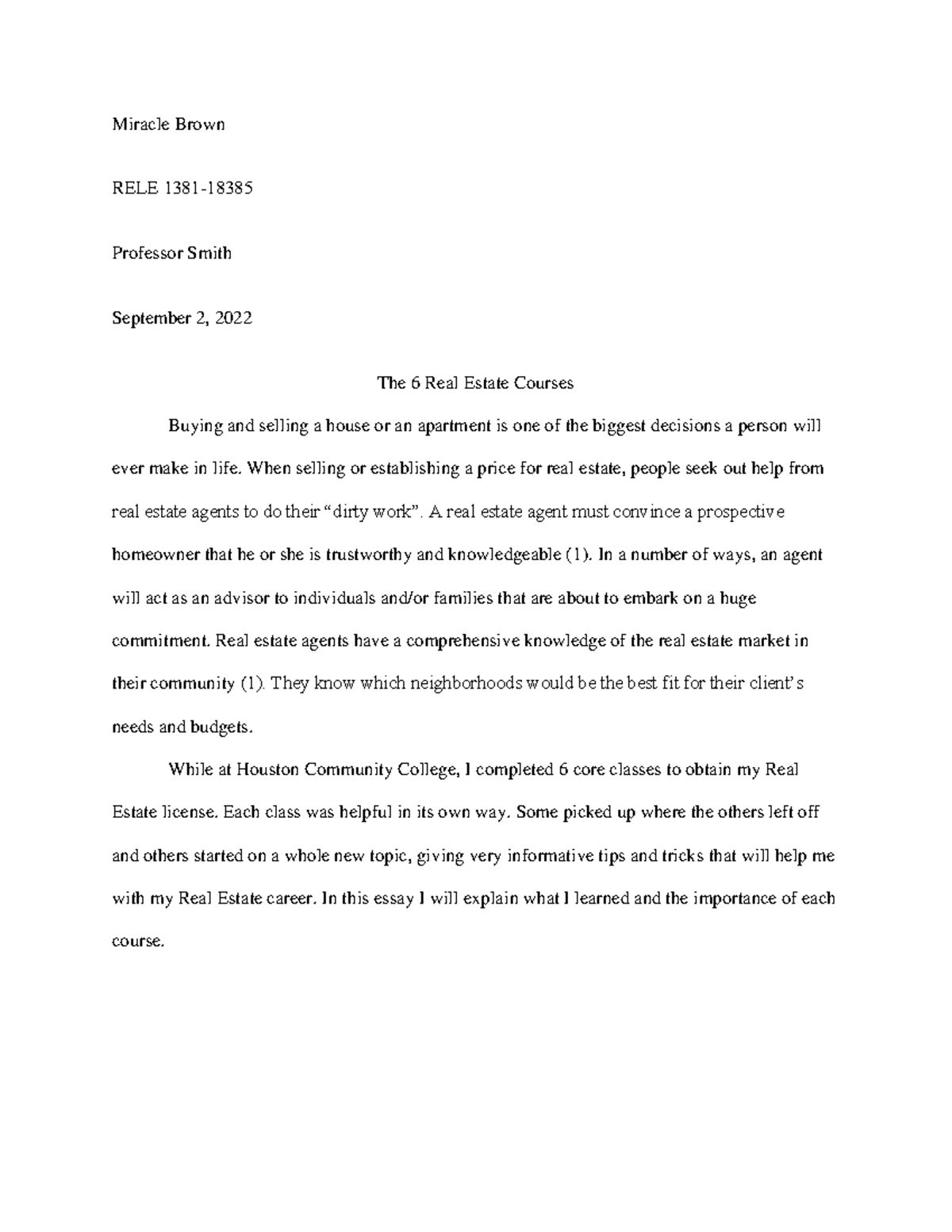 Co-op paper - essay start up - Miracle Brown RELE 1381- Professor Smith ...