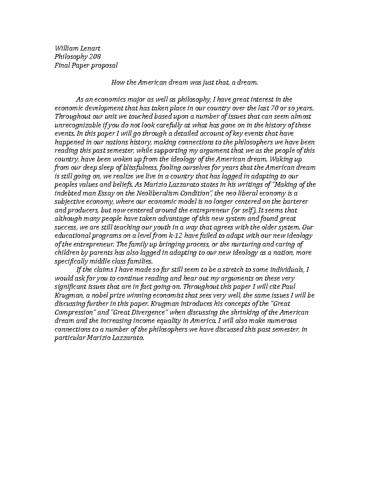 Phil208. final paper proposal - William Lenart Philosophy 208 Final ...
