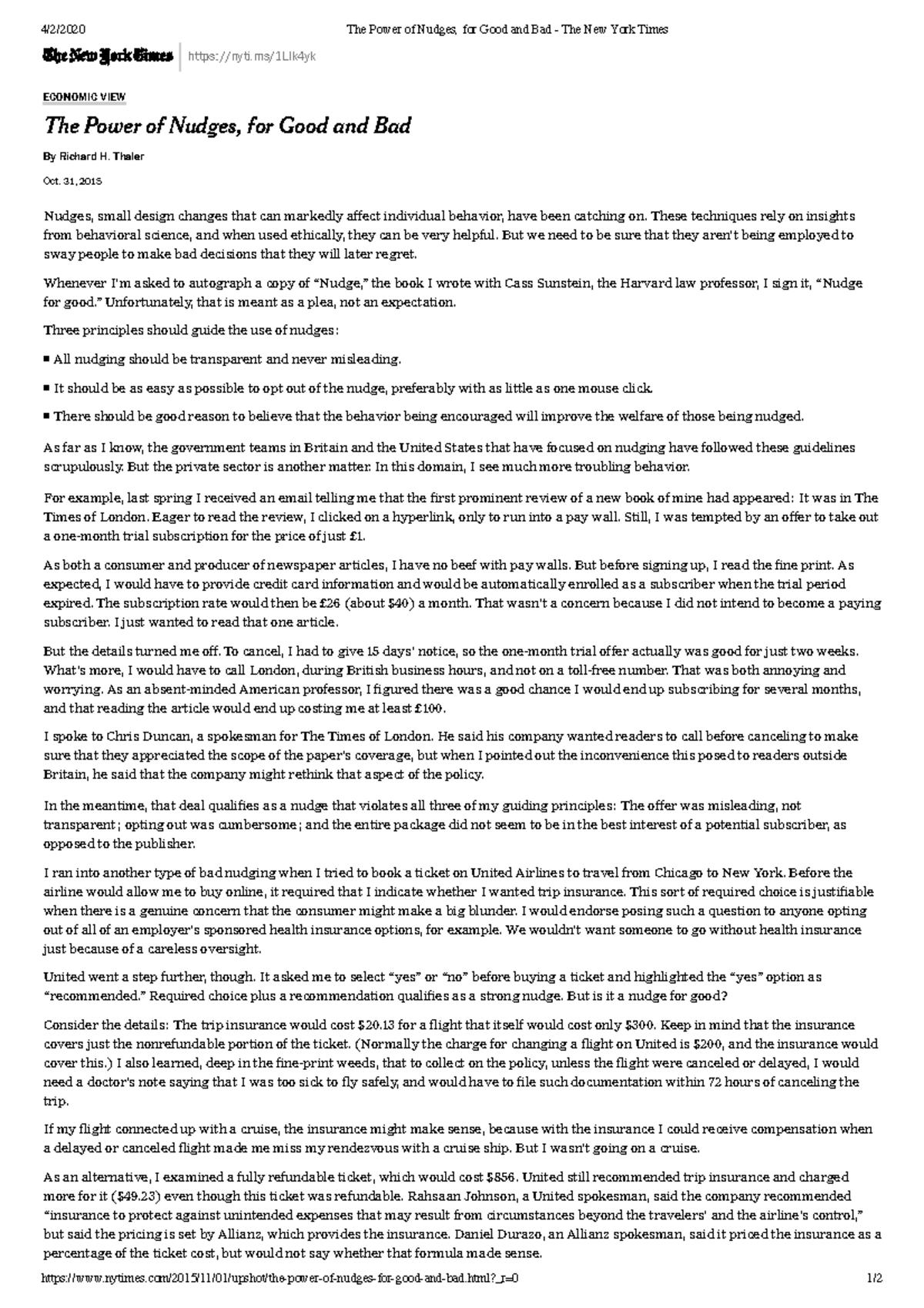 The Power of Nudges, for Good and Bad - The New York Times - 4/2/2020 ...