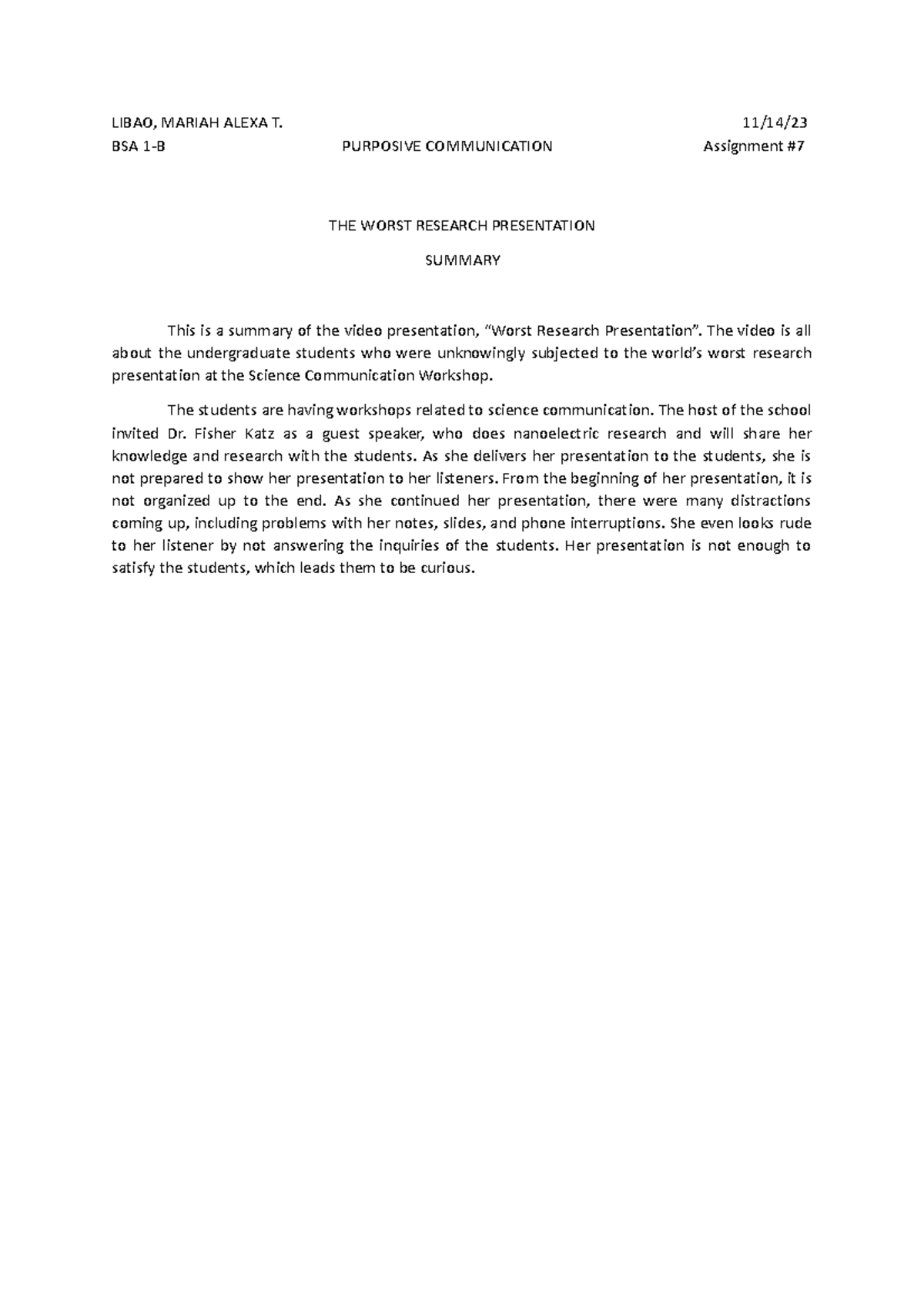 Ass. 7 pcom - Ass - LIBAO, MARIAH ALEXA T. 11/14/ BSA 1-B PURPOSIVE COMMUNICATION Assignment ...