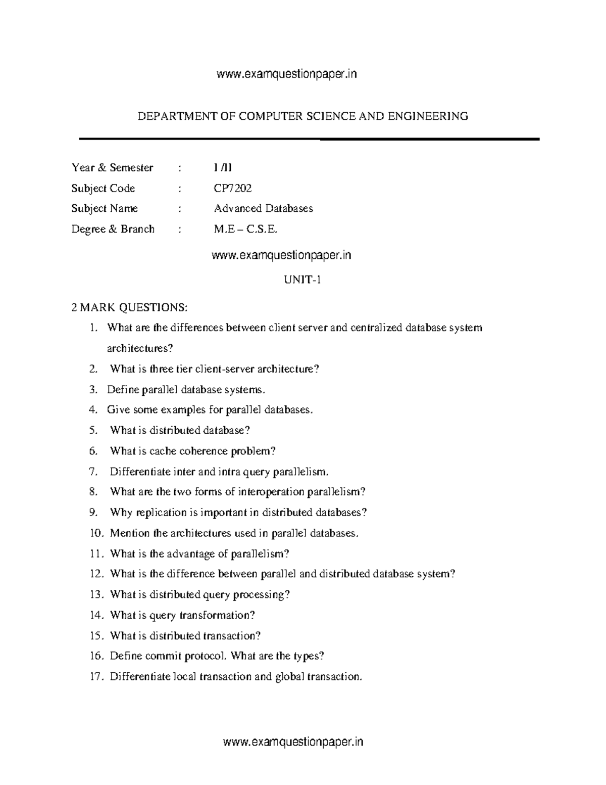 CP7202-Advanced Databases - DEPARTMENT OF COMPUTER SCIENCE AND ...