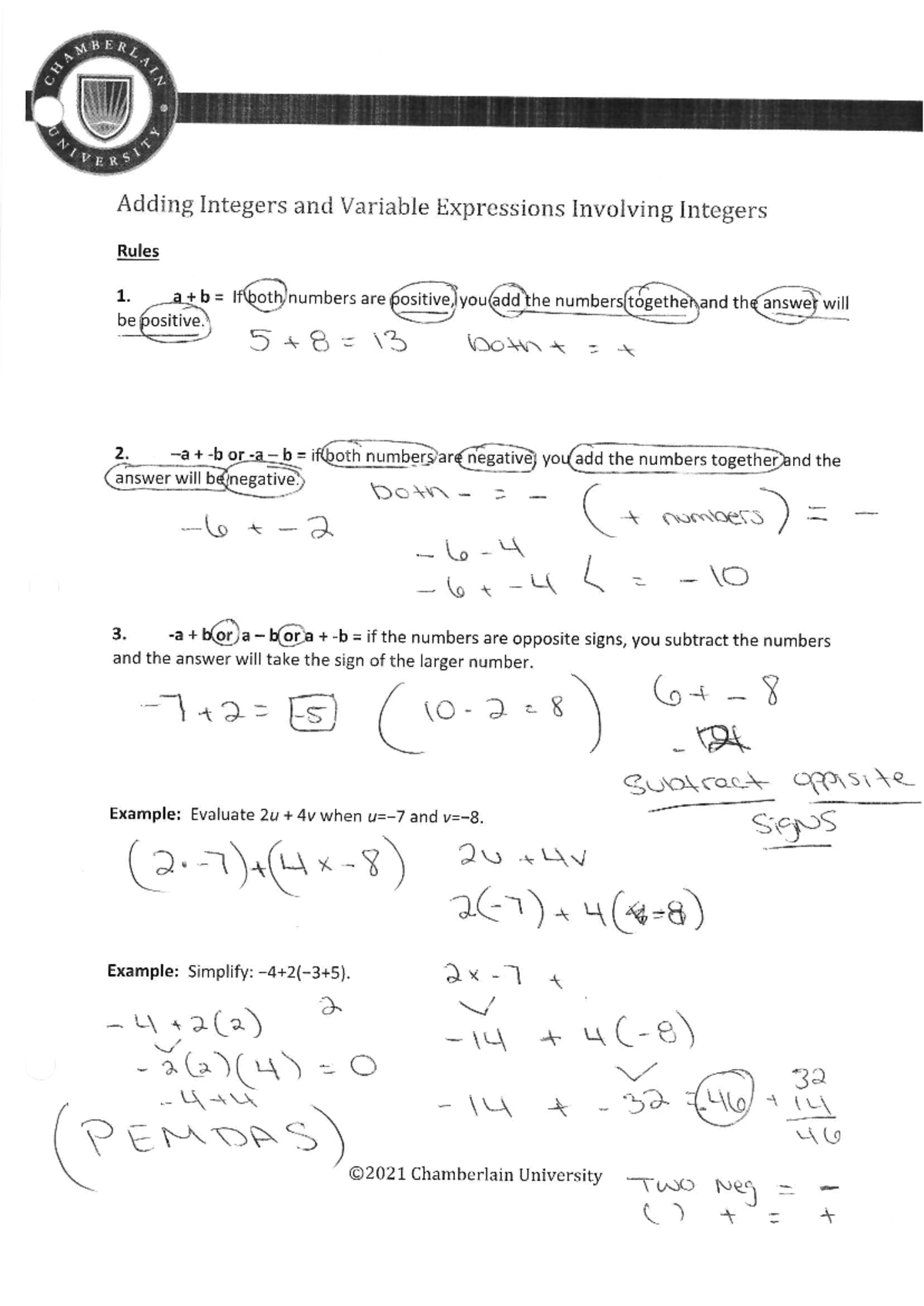 Adding integers week 1 - work sheets from week 1 math 105 - CANNERLAND ...