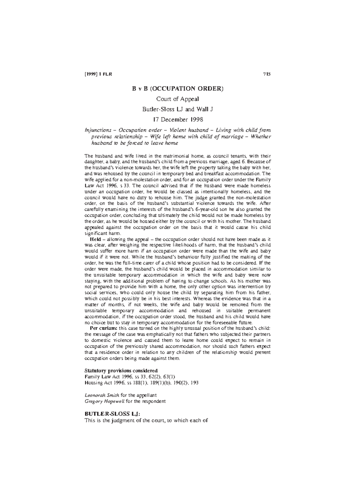 B v B ( Occupation Order) [1999] 1 FLR 715 - B v B (OCCUPATION ORDER ...