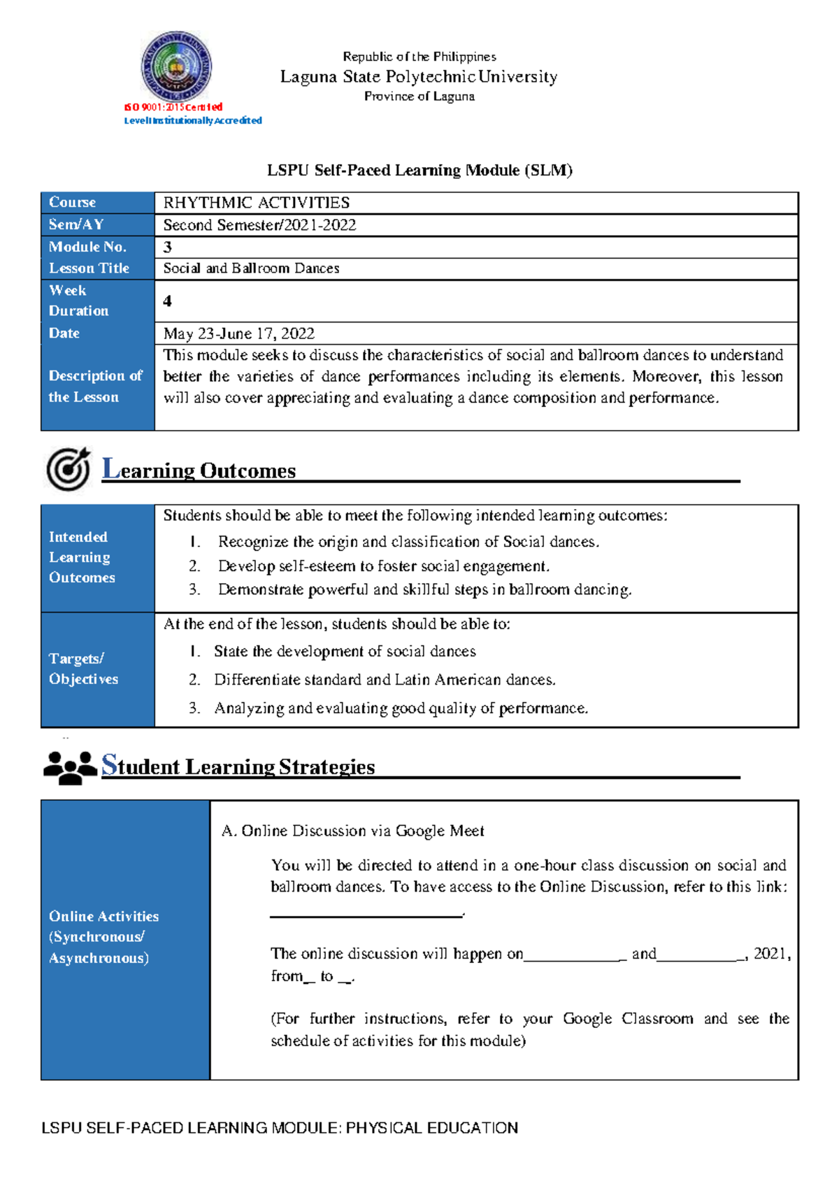 PE 2 Module 3 Social and Ballroom Dances - LSPU SELF-PACED LEARNING MODULE: PHYSICAL EDUCATION ...