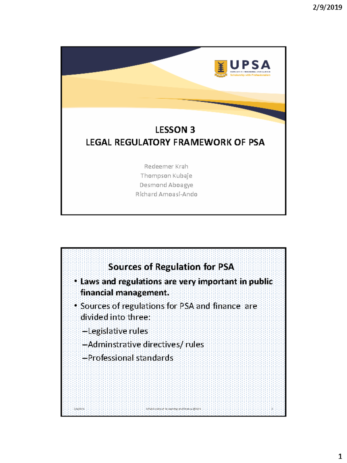 Lesson 3 - Regulatory Framework OF PSA - 2/9/2019 LESSON 3 LEGAL ...