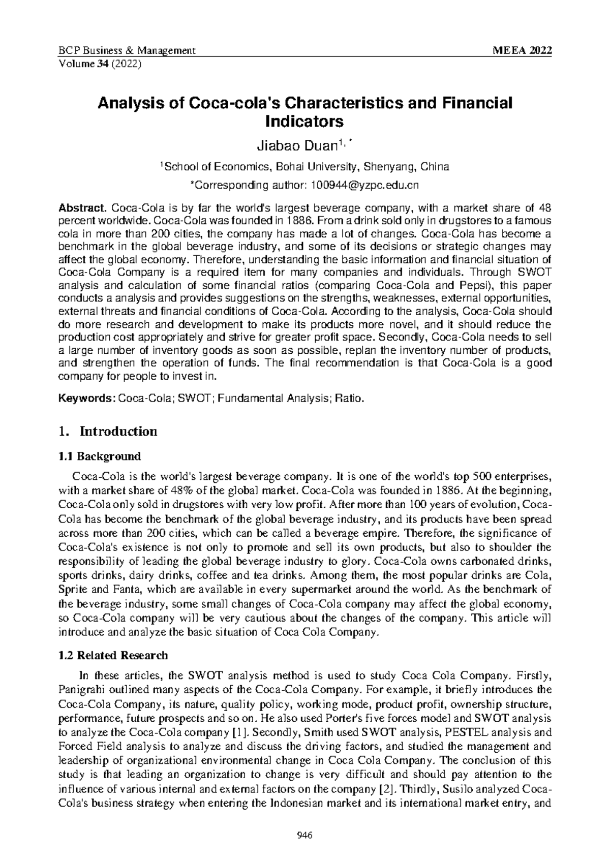 Analysis of Coca-colas Characteristics and Financ - Volume 34 (202 2 ...