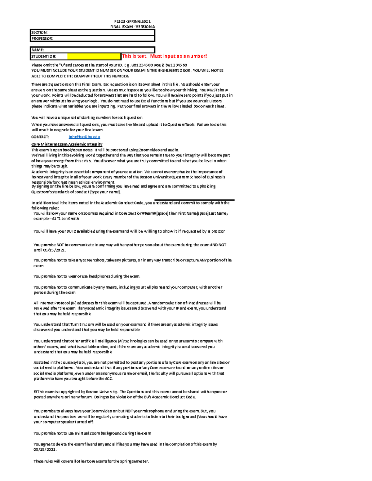 FE323 Spring 2021 Final Exam Version A - SECTION: PROFESSOR: NAME ...