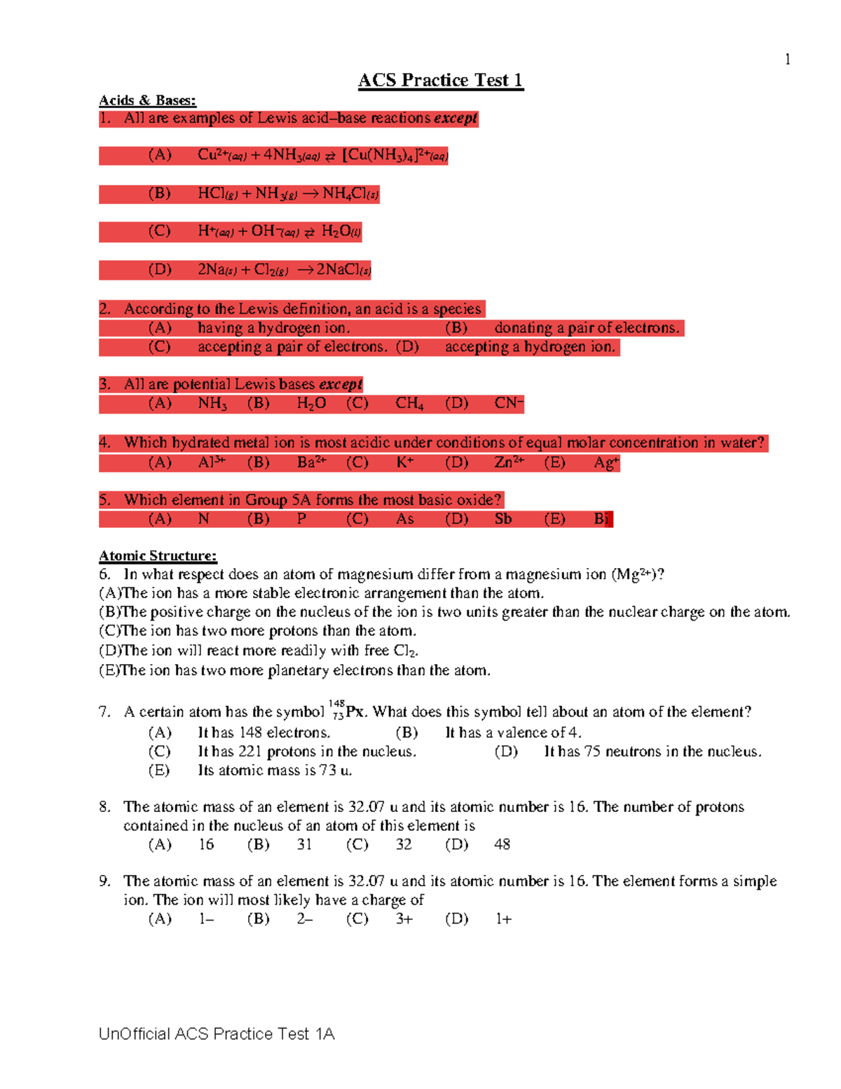 Un Official ACSPractice Test 01A - GCII excluded - ACS Practice Test 1 ...